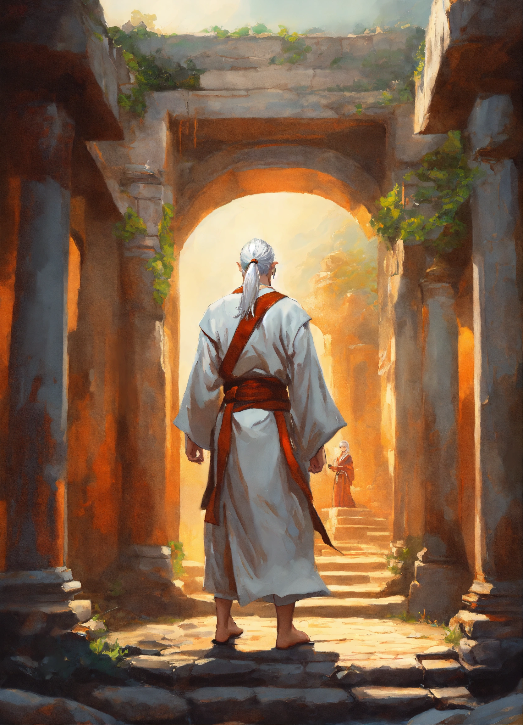 Lexica - White haired elf monk in martial artist robes with Stalf in ...