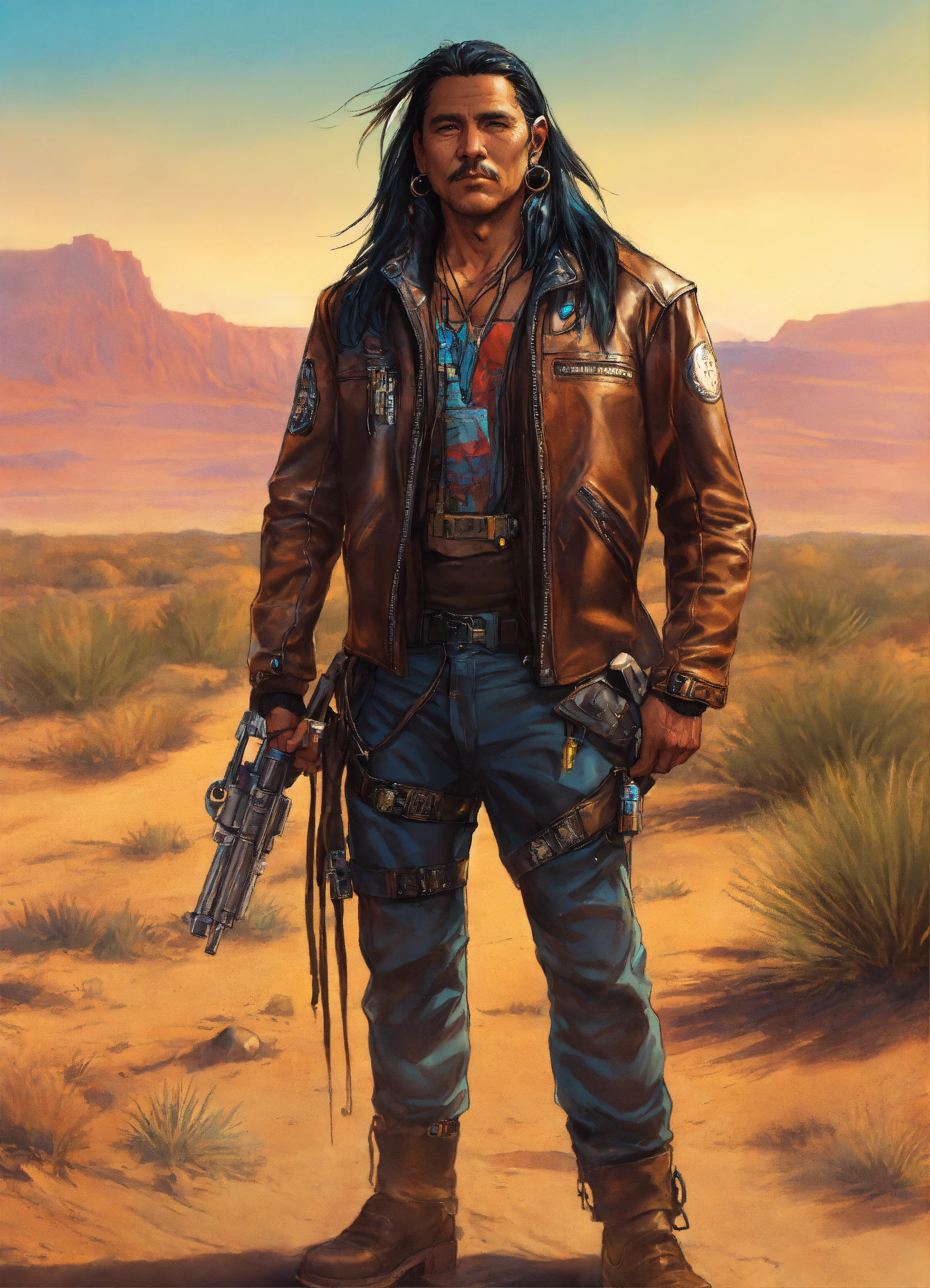 Lexica - Cyberpunk native American, mechanic 50 years old in leather ...