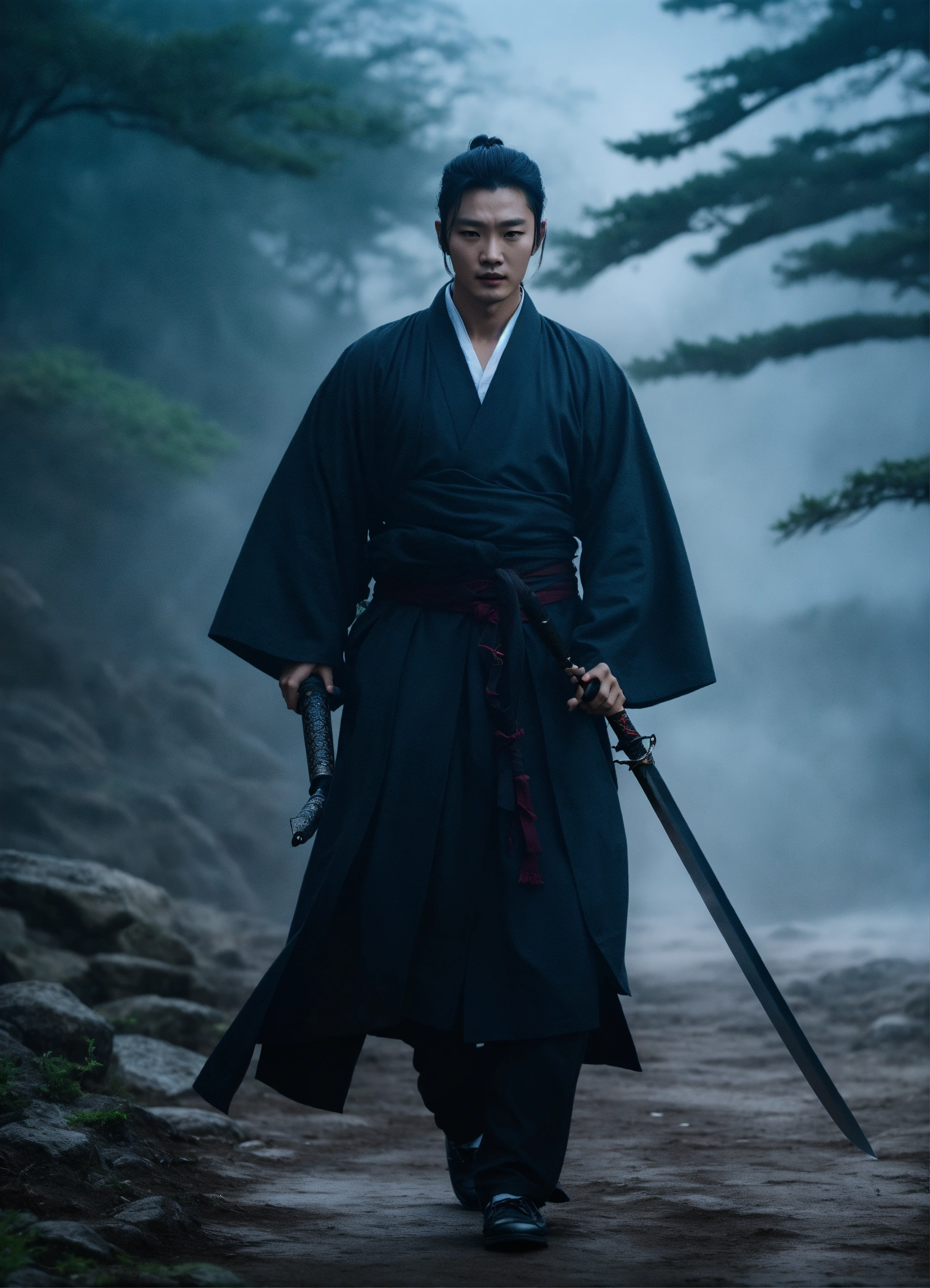 Lexica - Hwang Hyunjin carrying a shadow sword through the mist