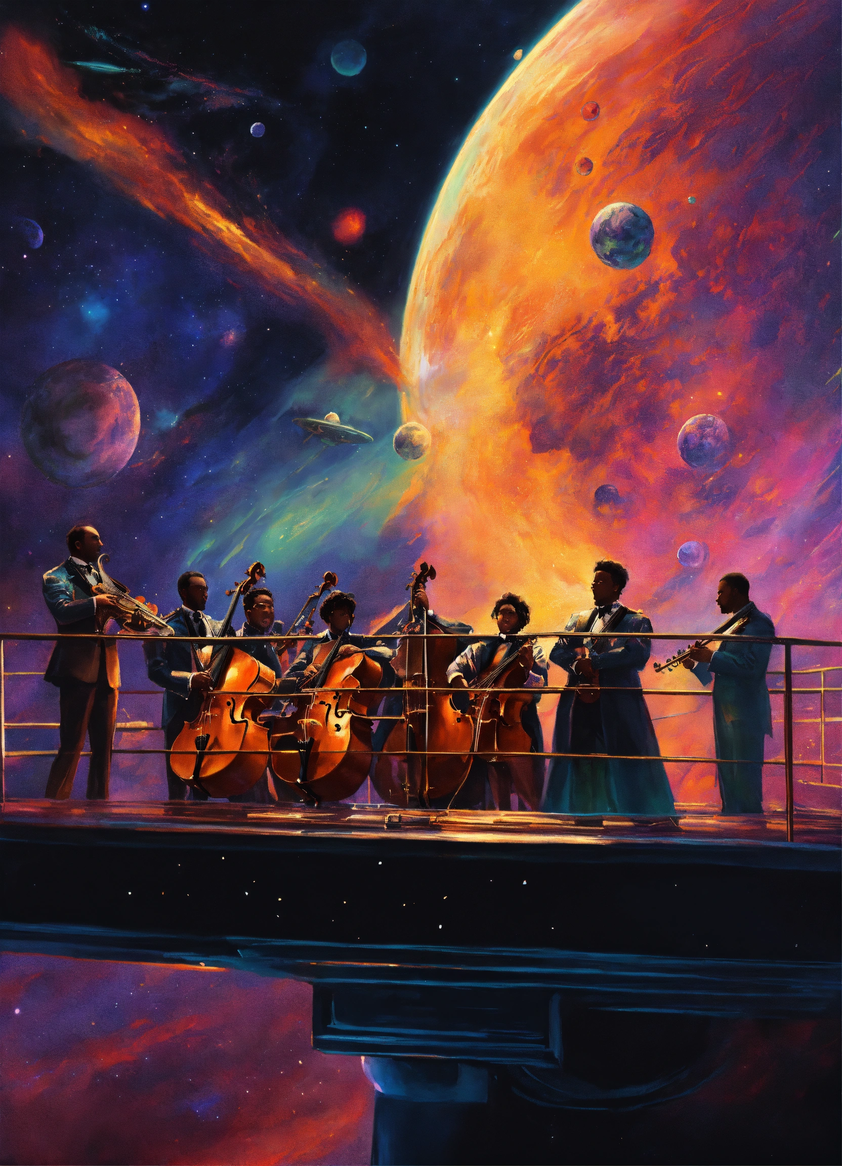 Lexica - A black orchestra playing on the deck of a grand starship ...