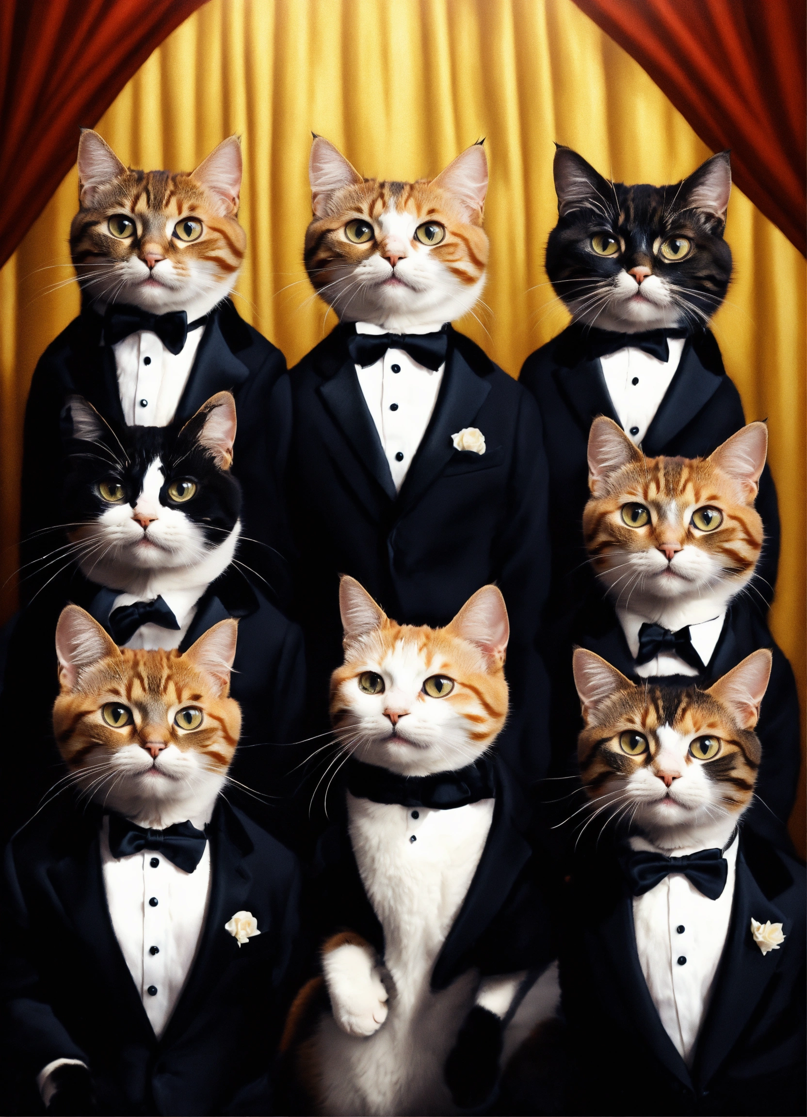 Lexica - Cute cats in tuxedos singing, cat chorus, realism, photorealism