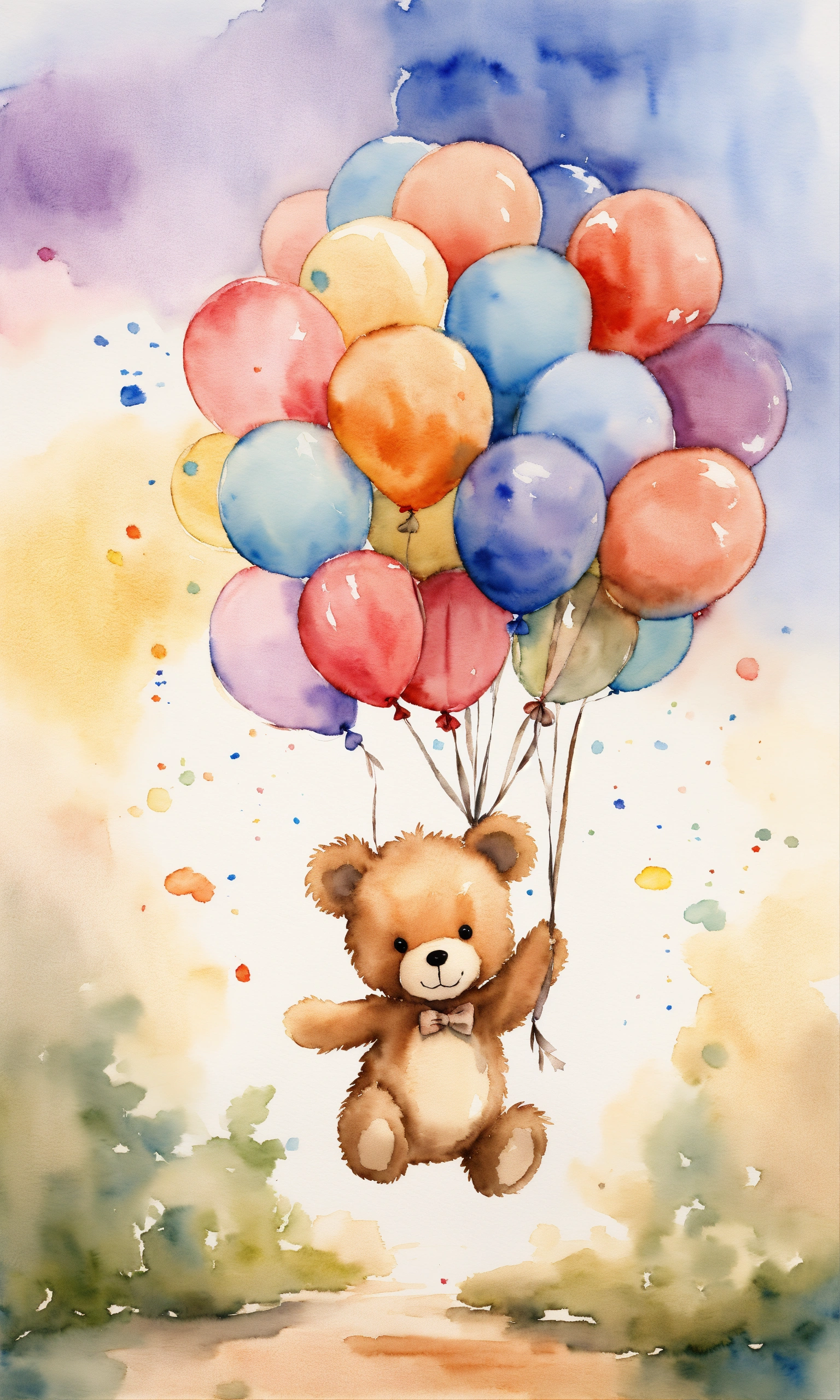 Lexica - Litlle teddy bear catching balloon, watercolor style