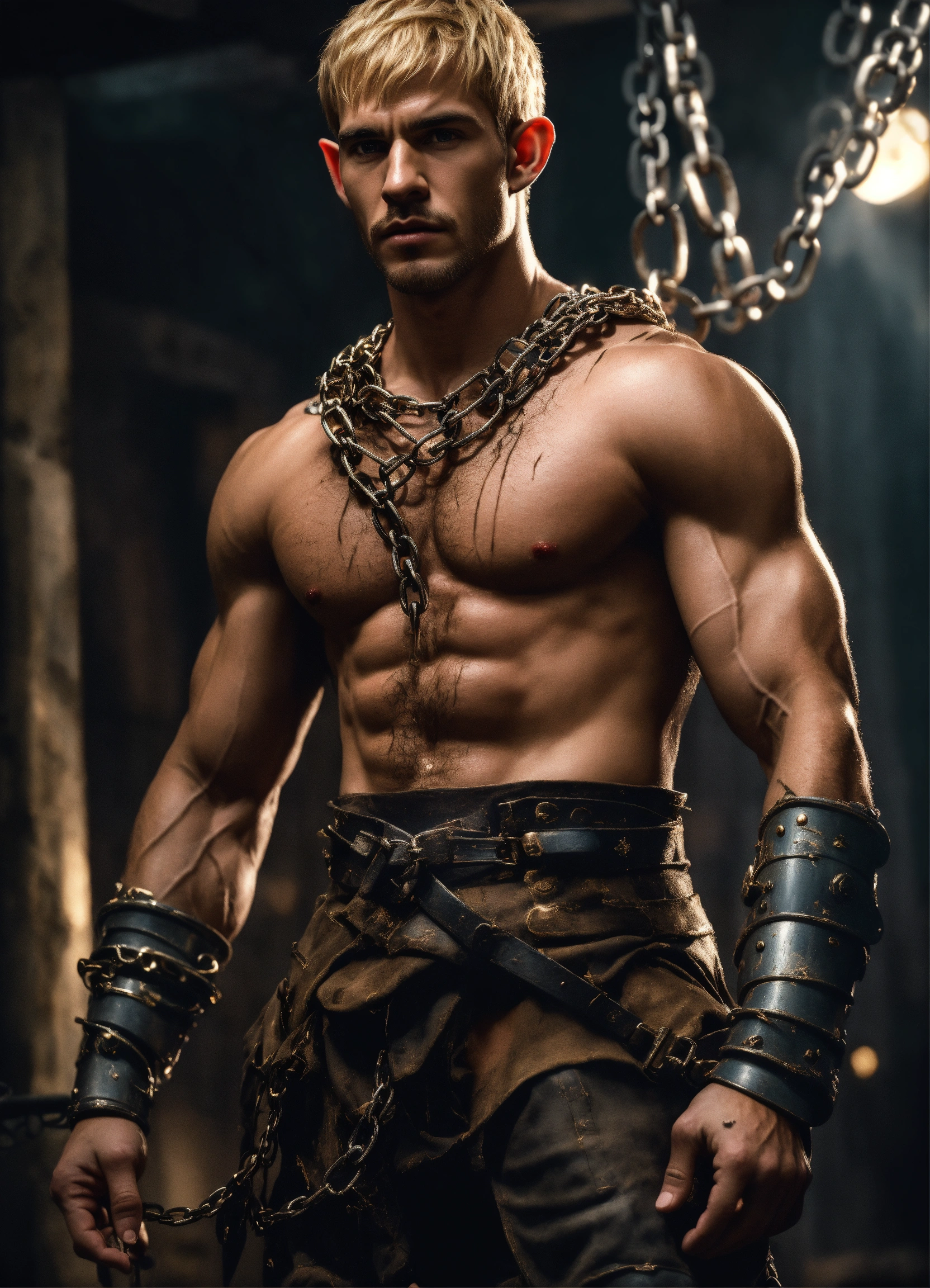 Lexica - Full body strong handsome Dominican god elf chained by enemies ...