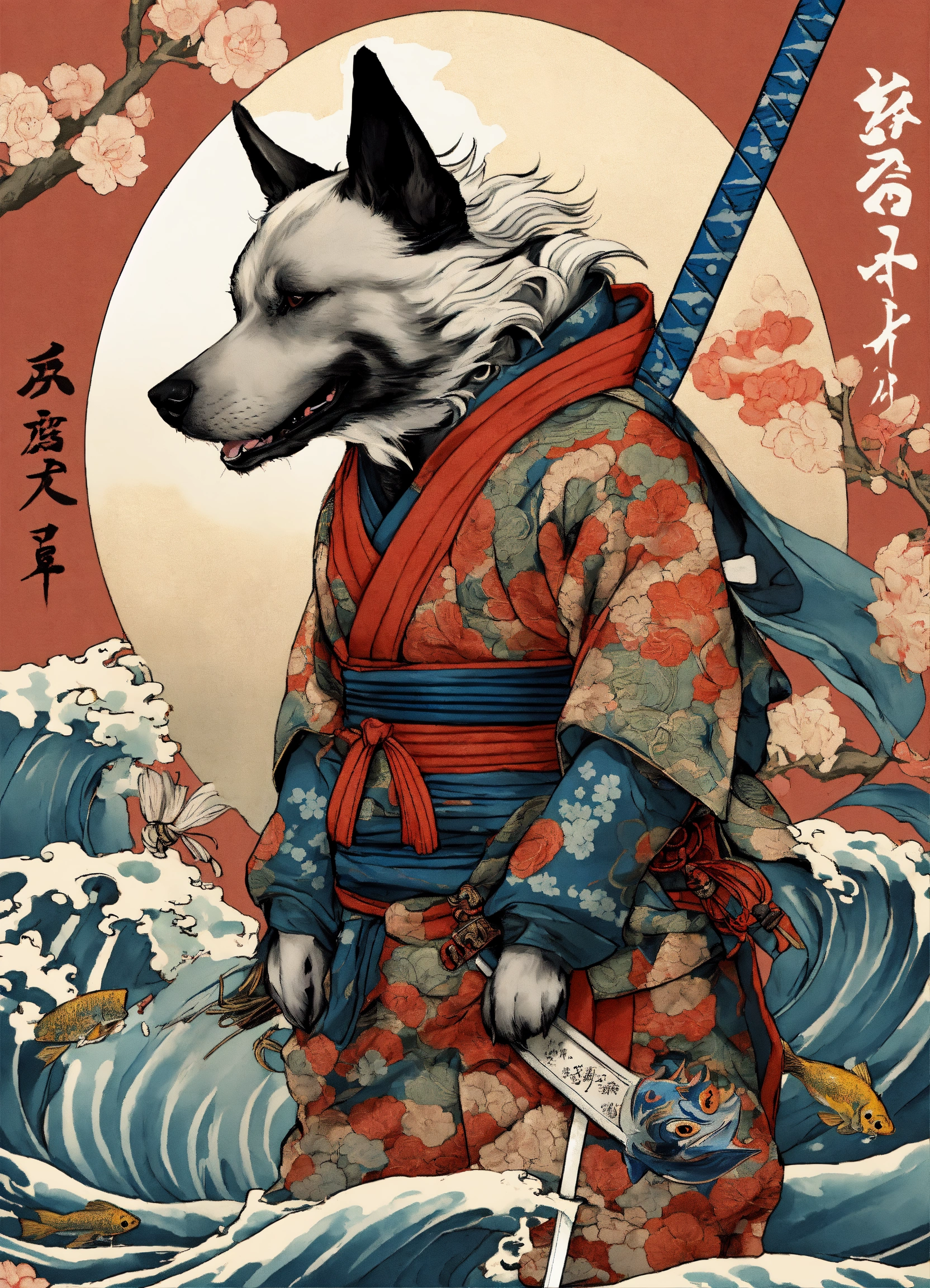 Lexica - There is a dog with a fish and a sword on a white background ...