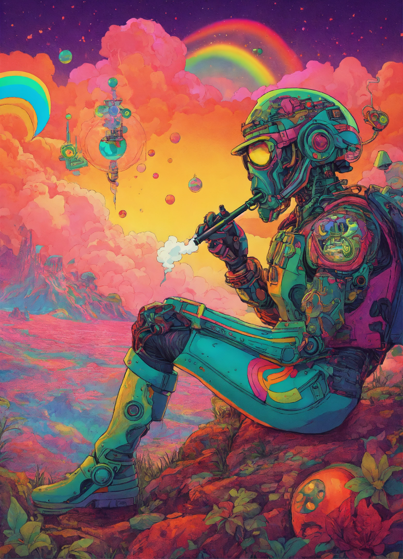 Lexica - Cyborg else psychedelic retro poster smoking a pipe in a ...