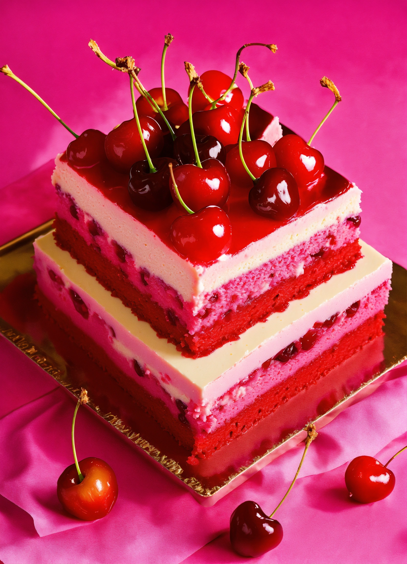 Lexica - A pink rectangle cake with cherries