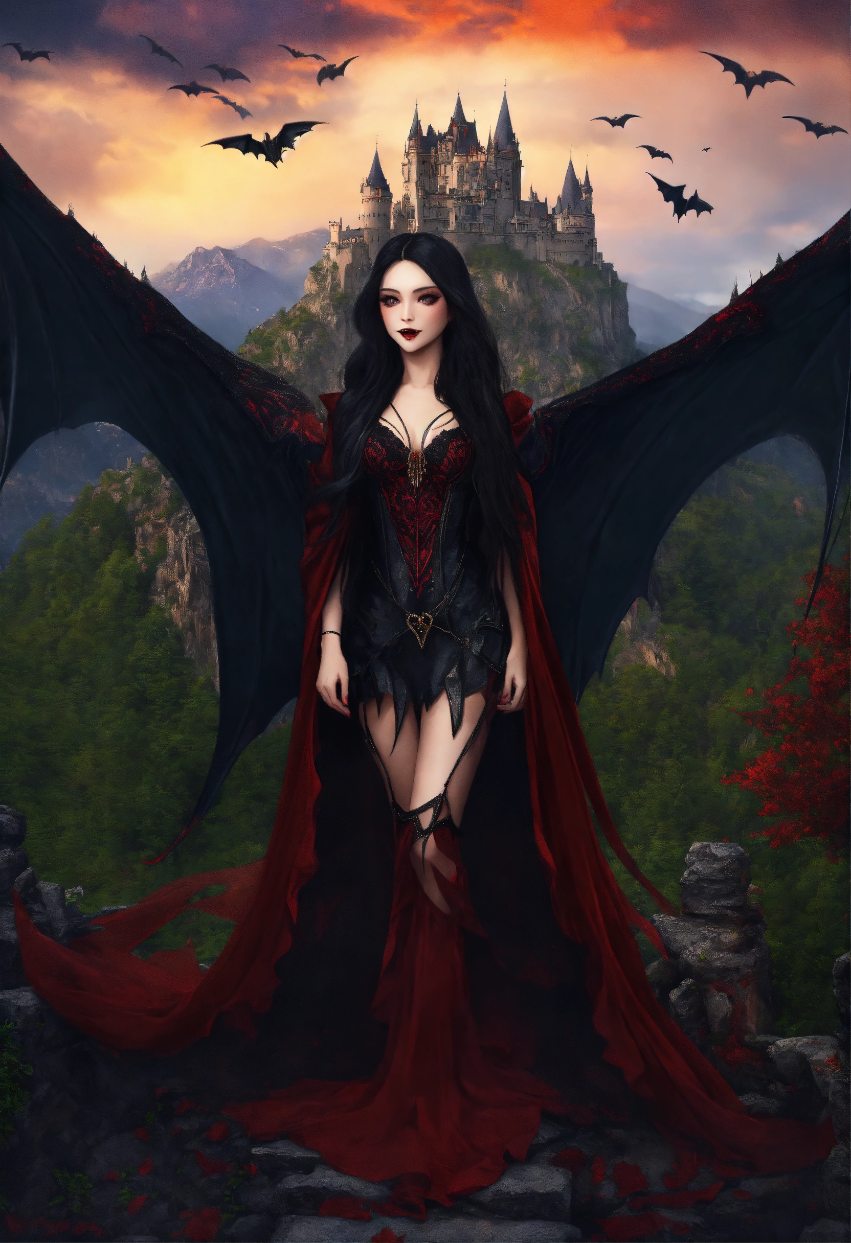 Lexica - Vampire queen with wings and dark long hair with castle and ...