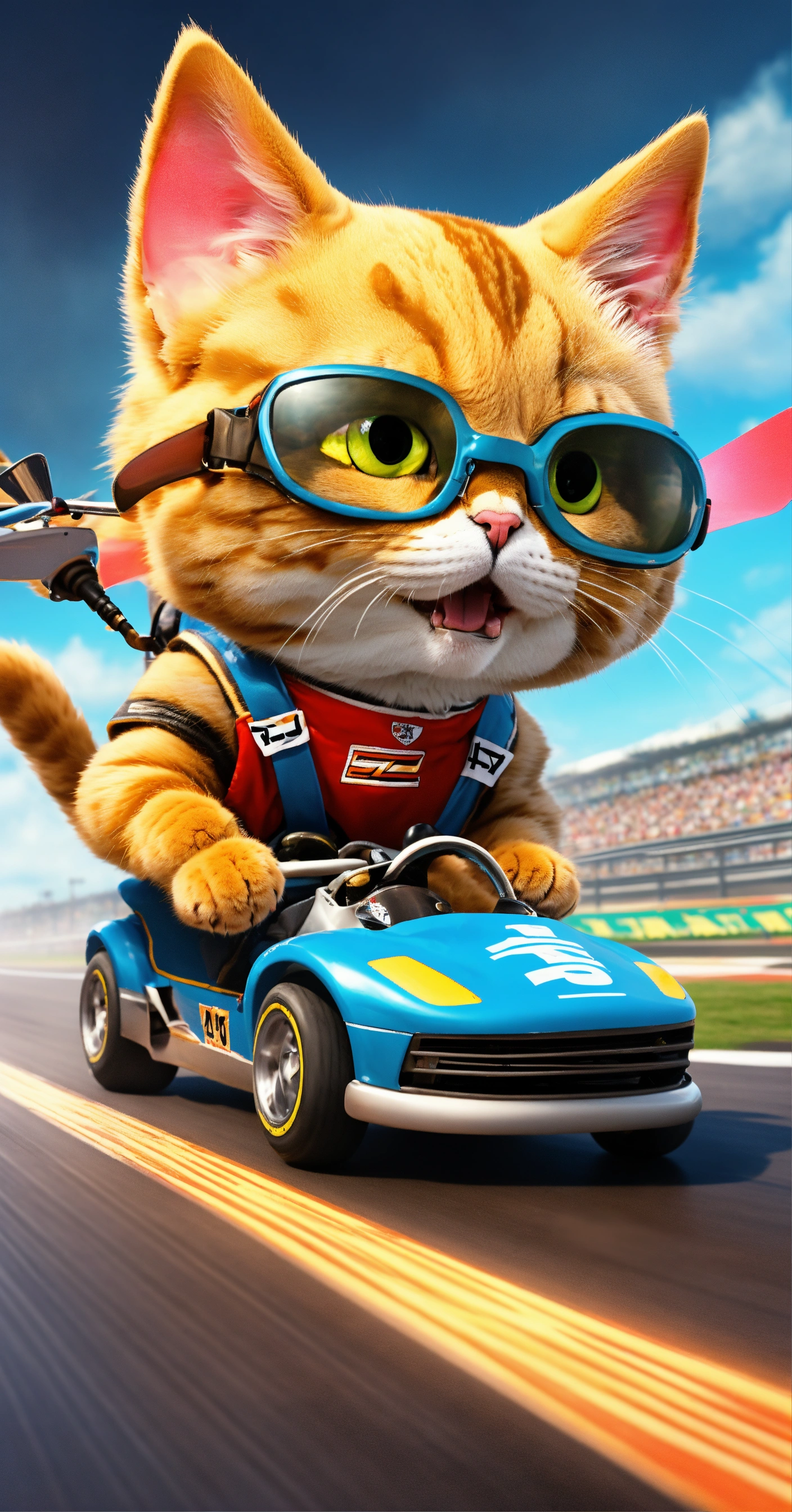 Lexica - Create a picture of a cat as a fearless race car driver ...
