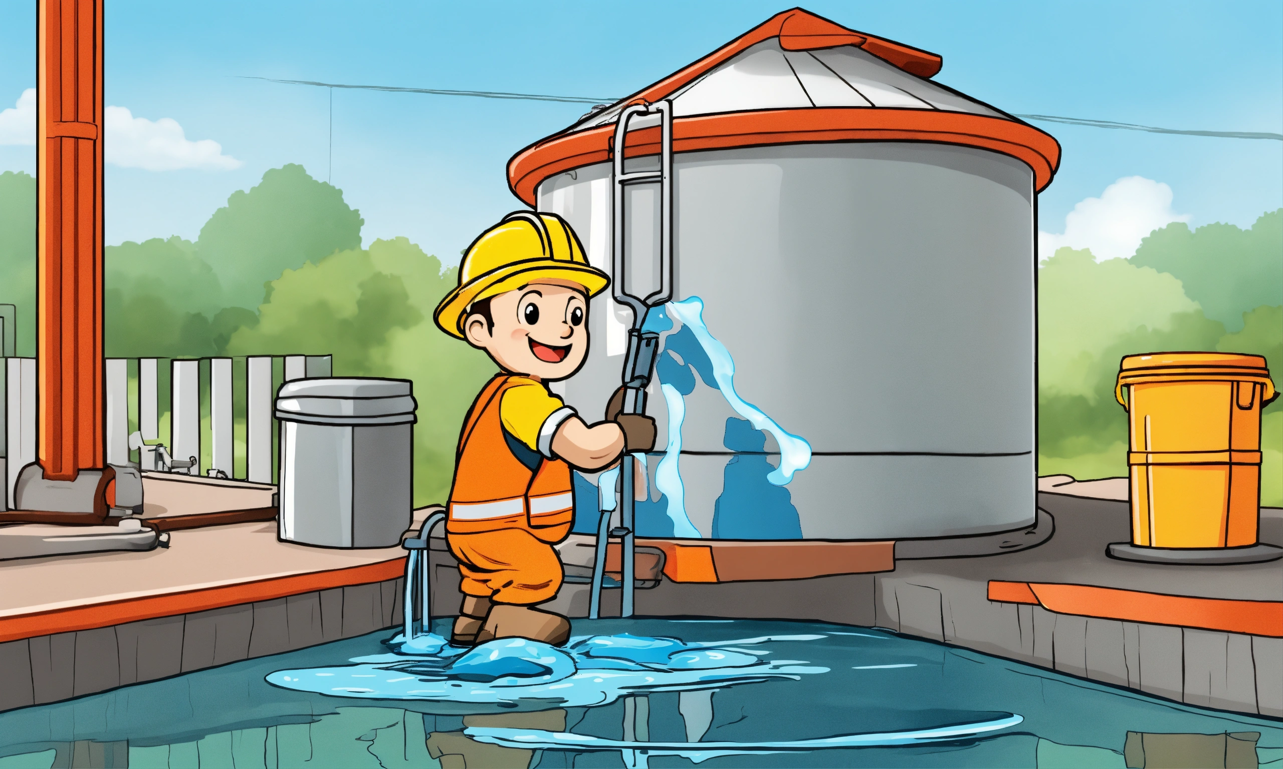 Lexica - Construction worker cleaning water tank cartoon, inside the ...