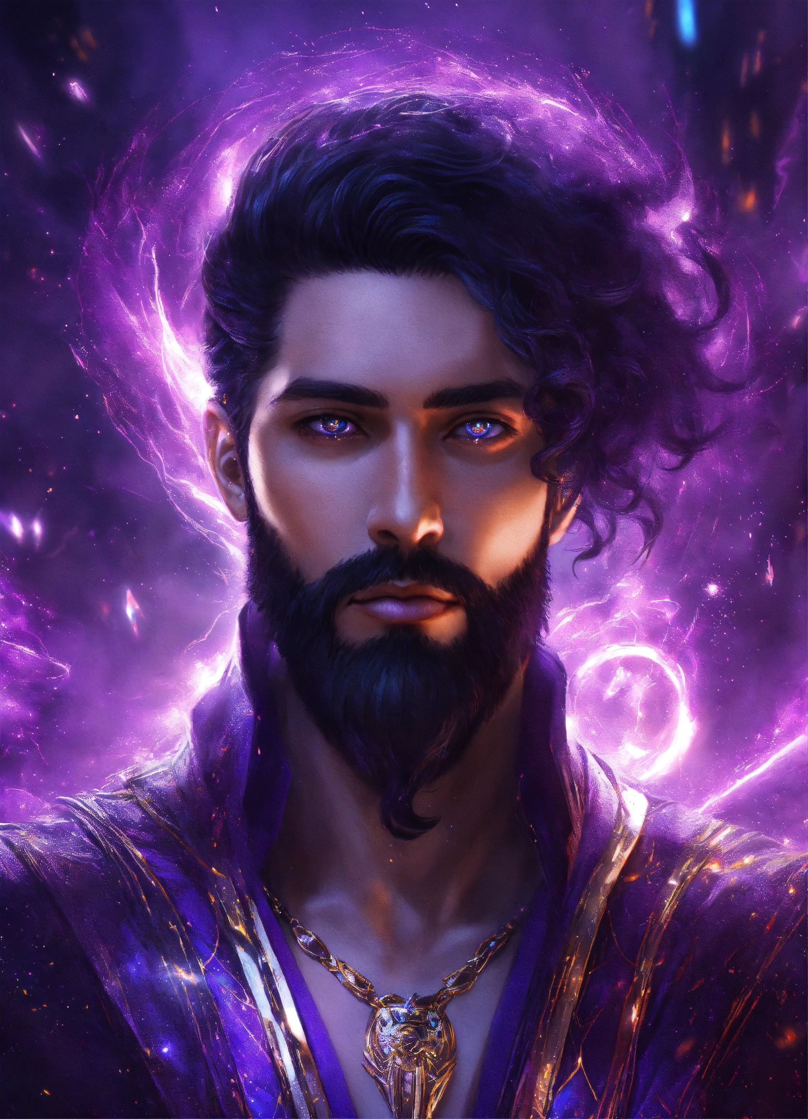 Lexica - "magical trickster god", purple energy bolts, purple sparkles ...