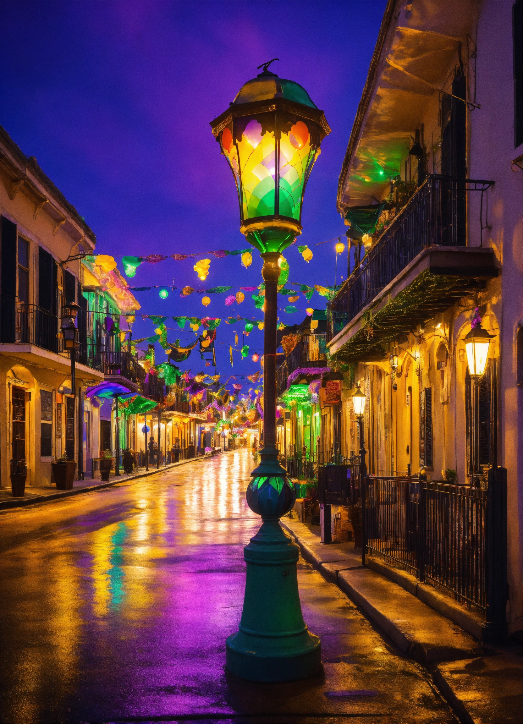 Lexica - A street light with mardi gras decorations around it, a ...
