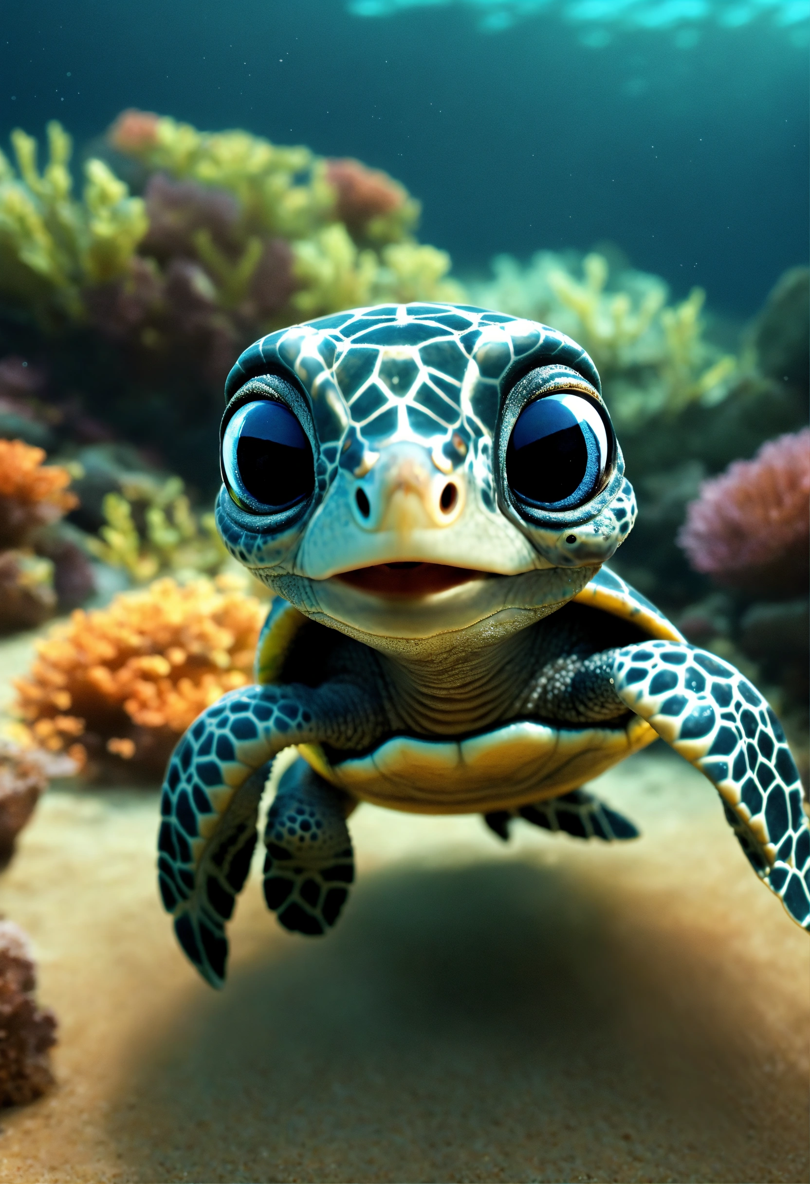 Lexica - A cute black baby sea turtle with big eyes, animated, cartoon ...
