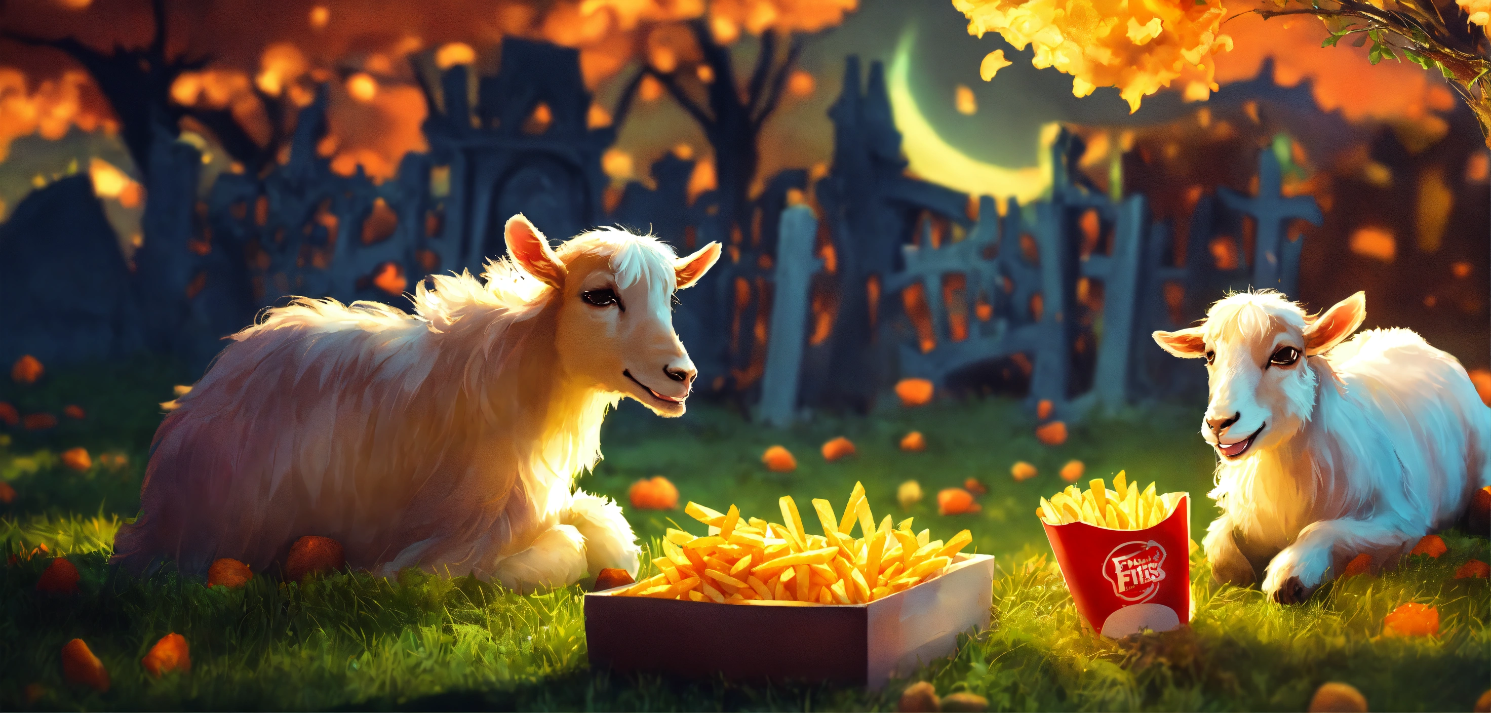 Lexica - (a duo of 2) grinning goats (eating (French fries)) in a ...