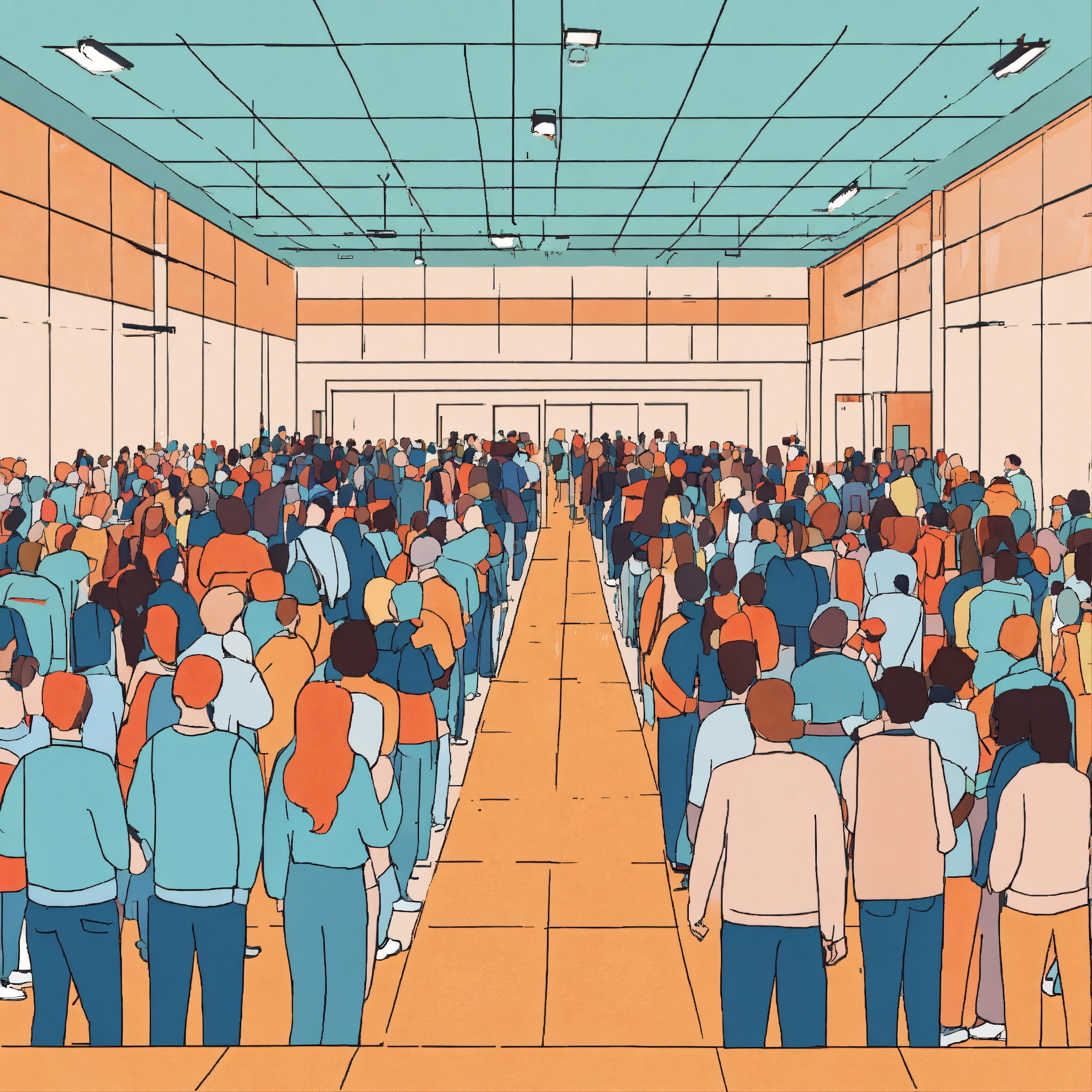 Lexica - People gathering in a big hall, happy to see eachother, hand ...