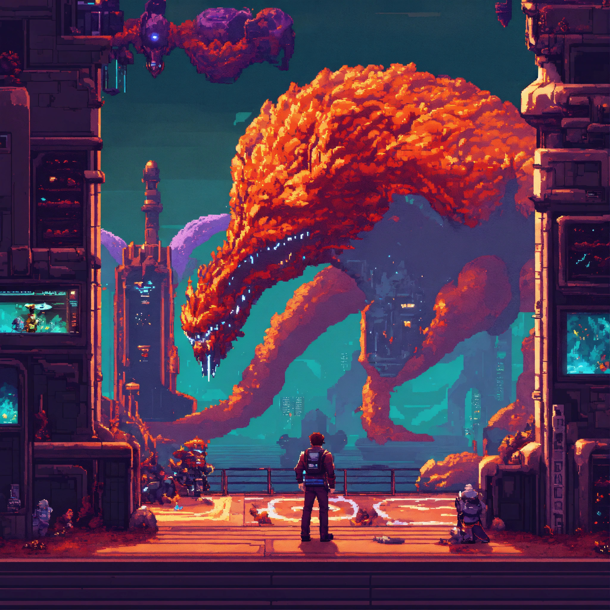 Lexica - Futuristic pixel art with a guy looking at a final boss monster