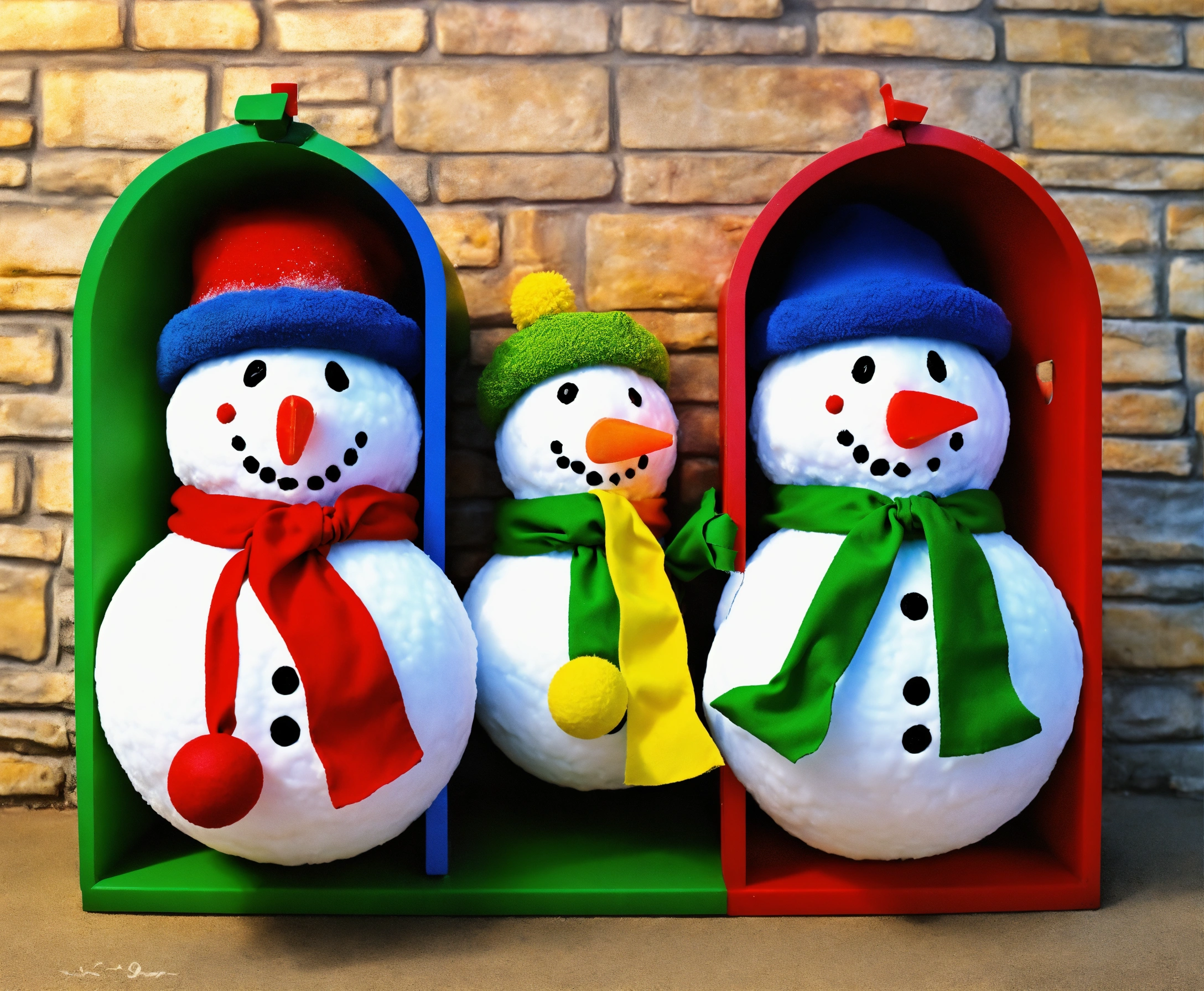 Lexica - 3D, 2 WINTER snowmen in line, each in hole in a wall, white ...