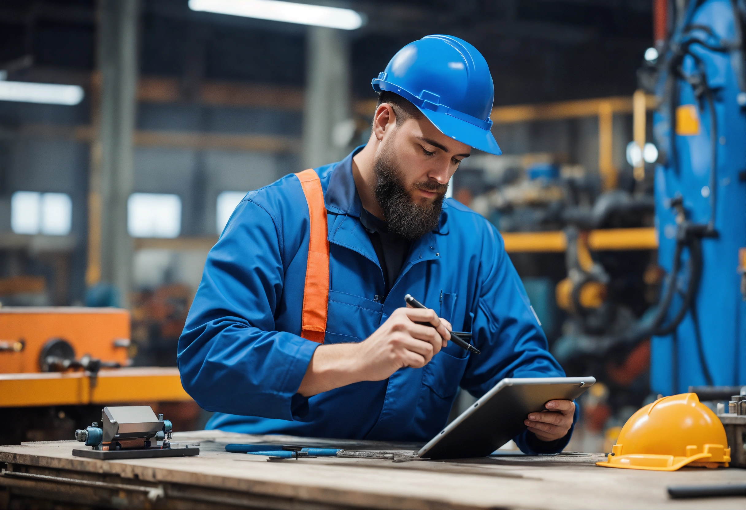 Lexica - An industrial mechanic in a blue work suit stands in a ...