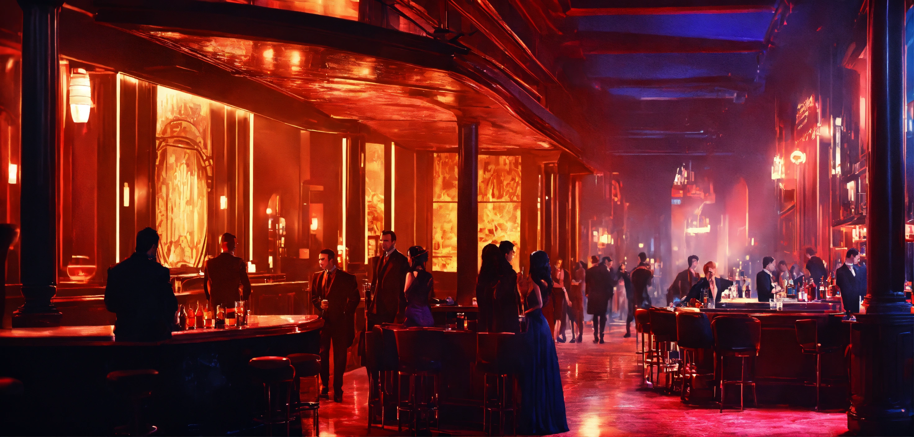 Lexica - Cinematic look, urban city night club bar with guests ...