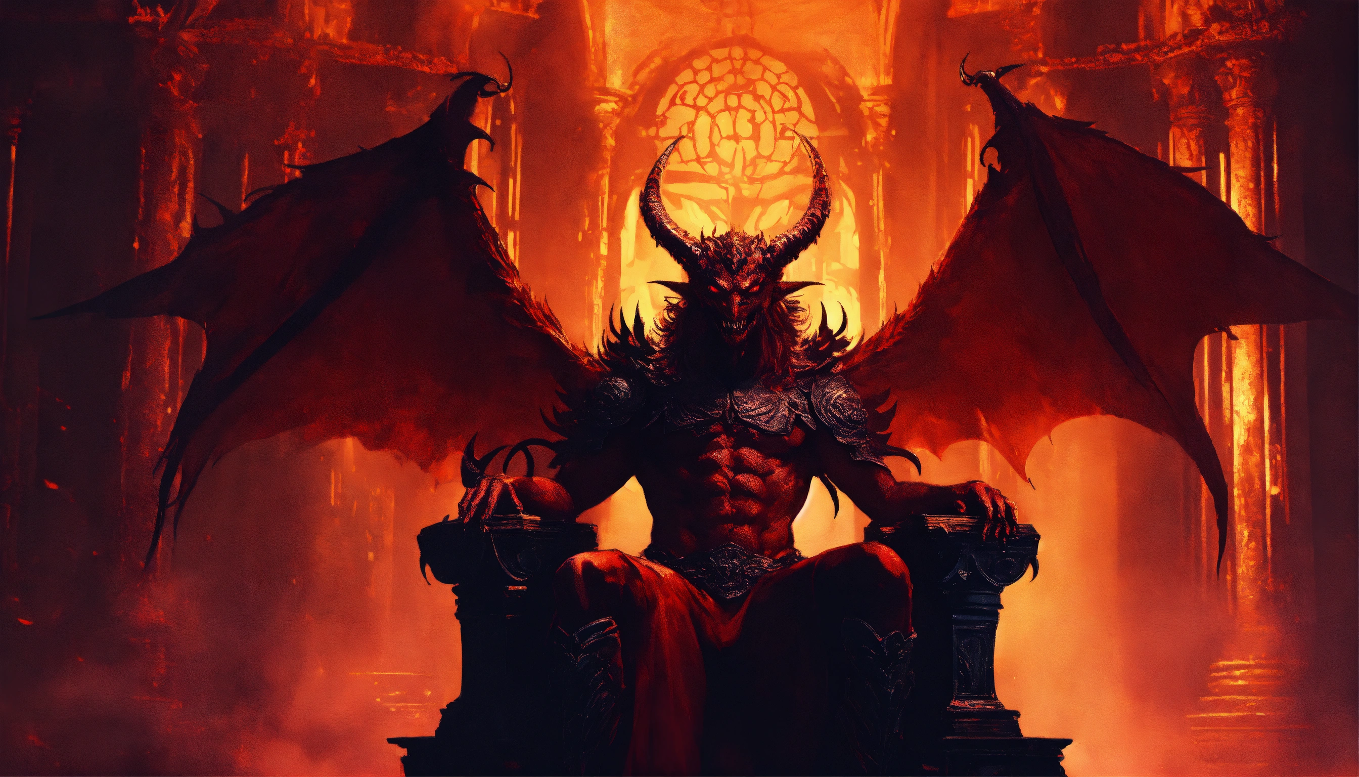 Lexica - Demon monster with wings, intrigued, sitting on a throne ...