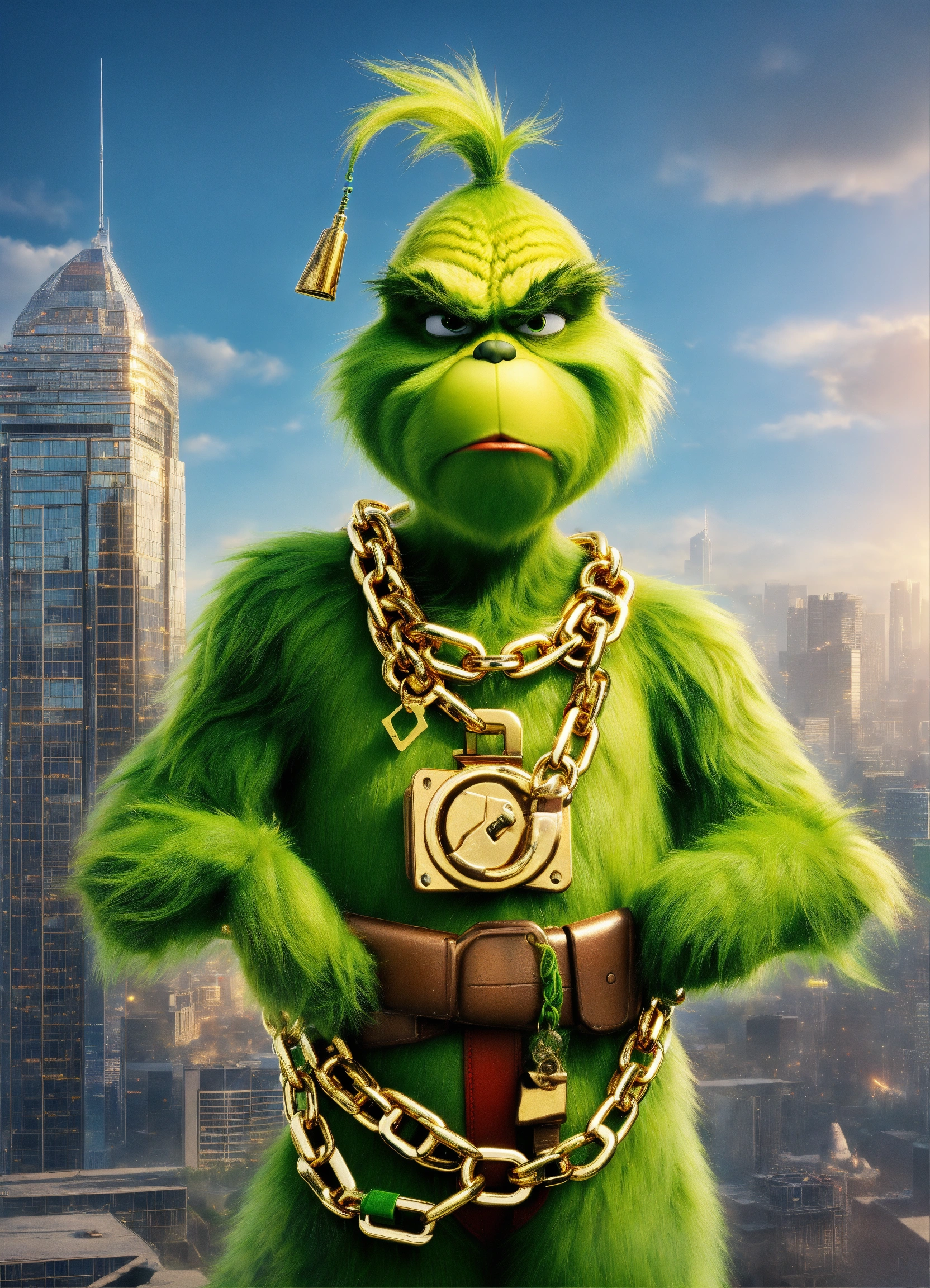 Lexica - The grinch with gold chains on big guns in front of skyscraper ...
