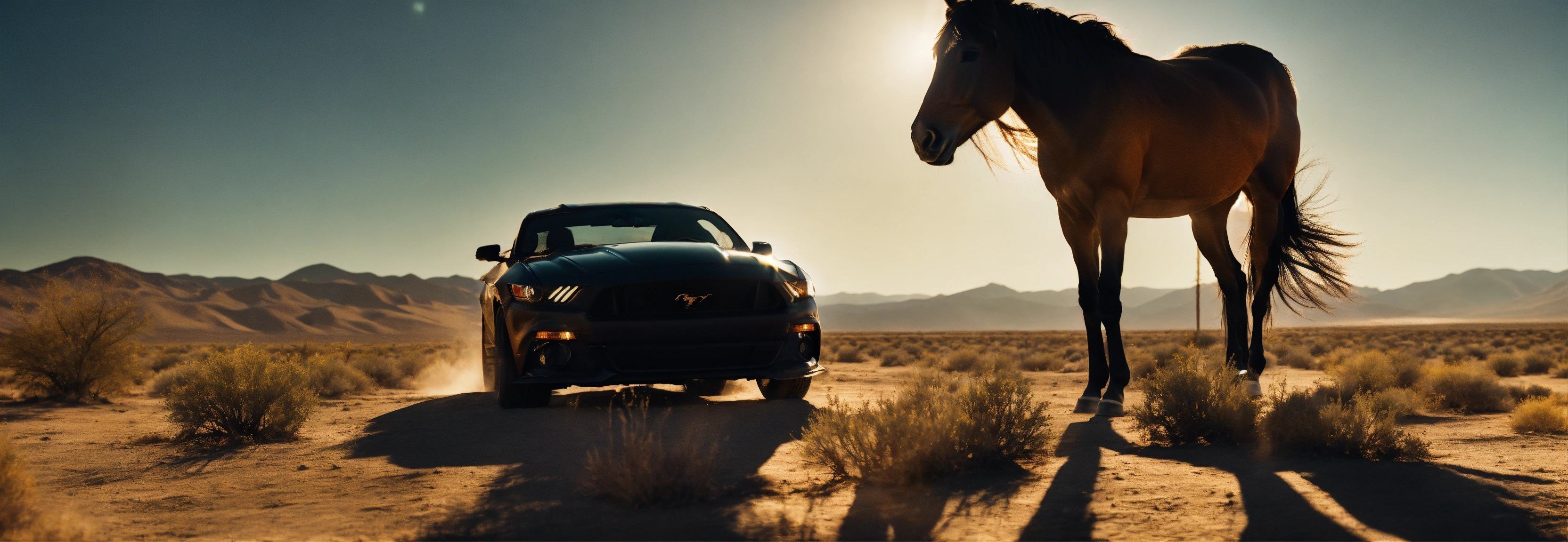 Lexica - Portrait of black mustang in the wild desert with the sunlight ...