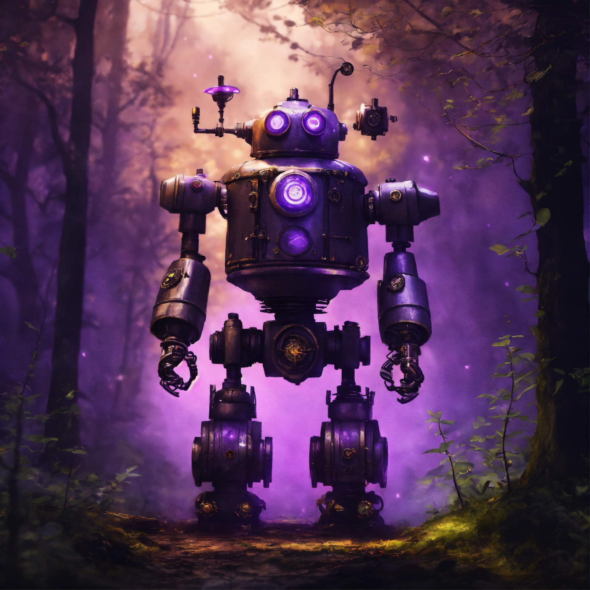 Lexica - Steampunk robot with purple mustache, full body shot, forest ...