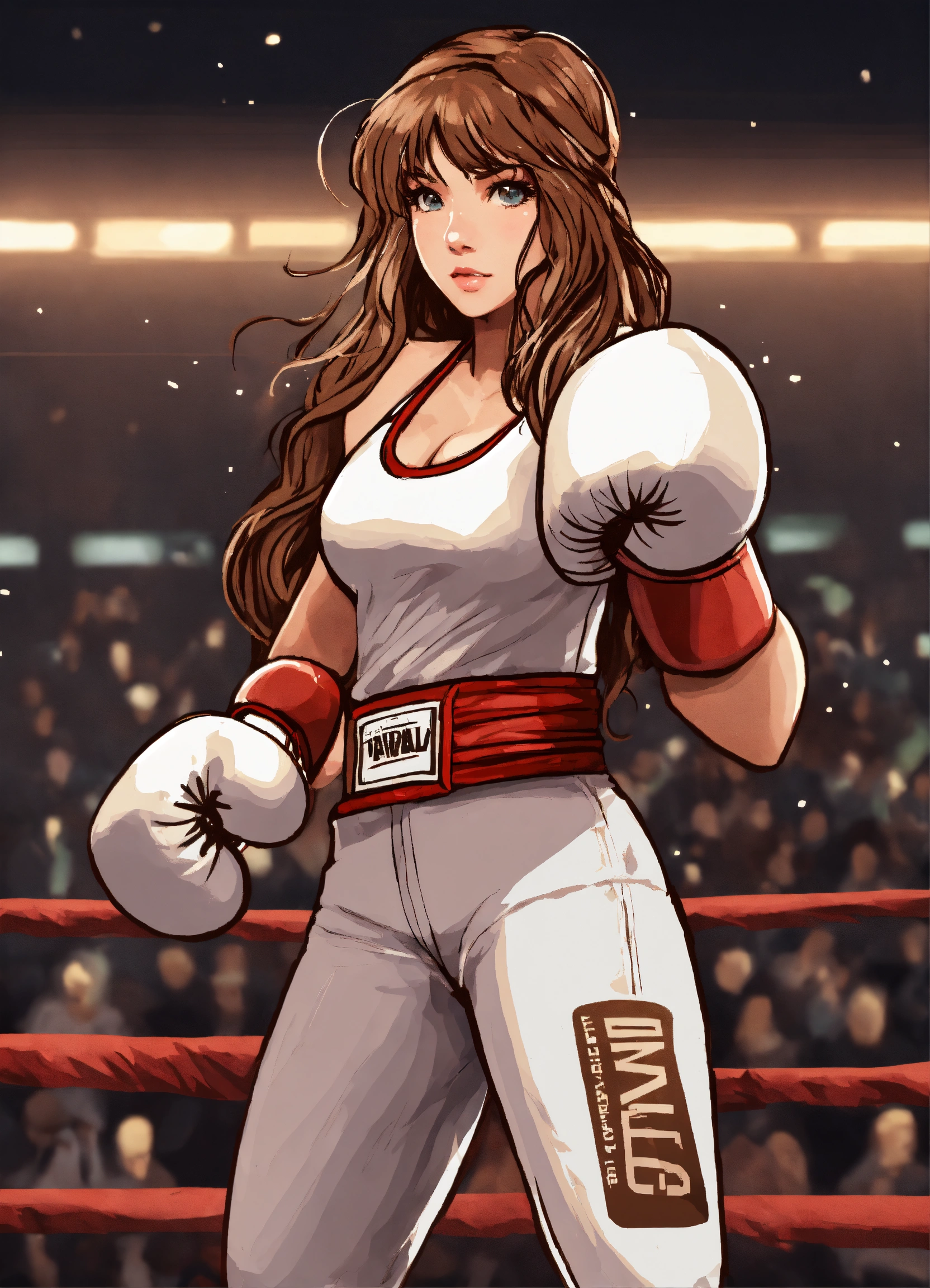Lexica - White female, brown overgrown long hair, boxing outfit, boxing ...