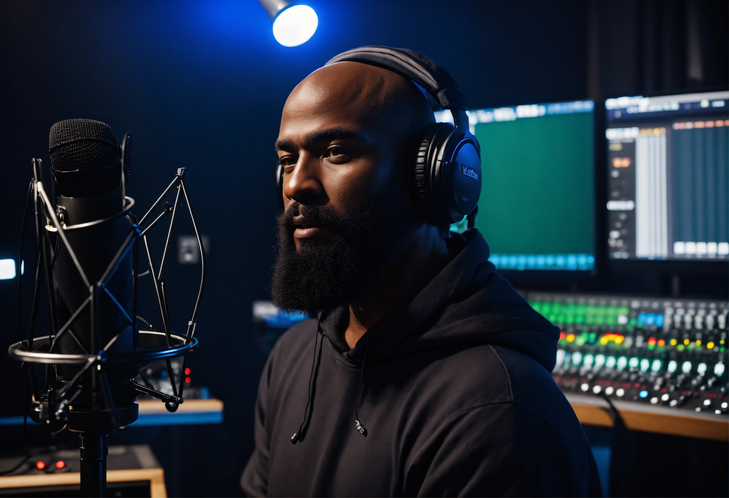 Lexica - Dimmed fancy recording studio, bald dark skin black handsome ...