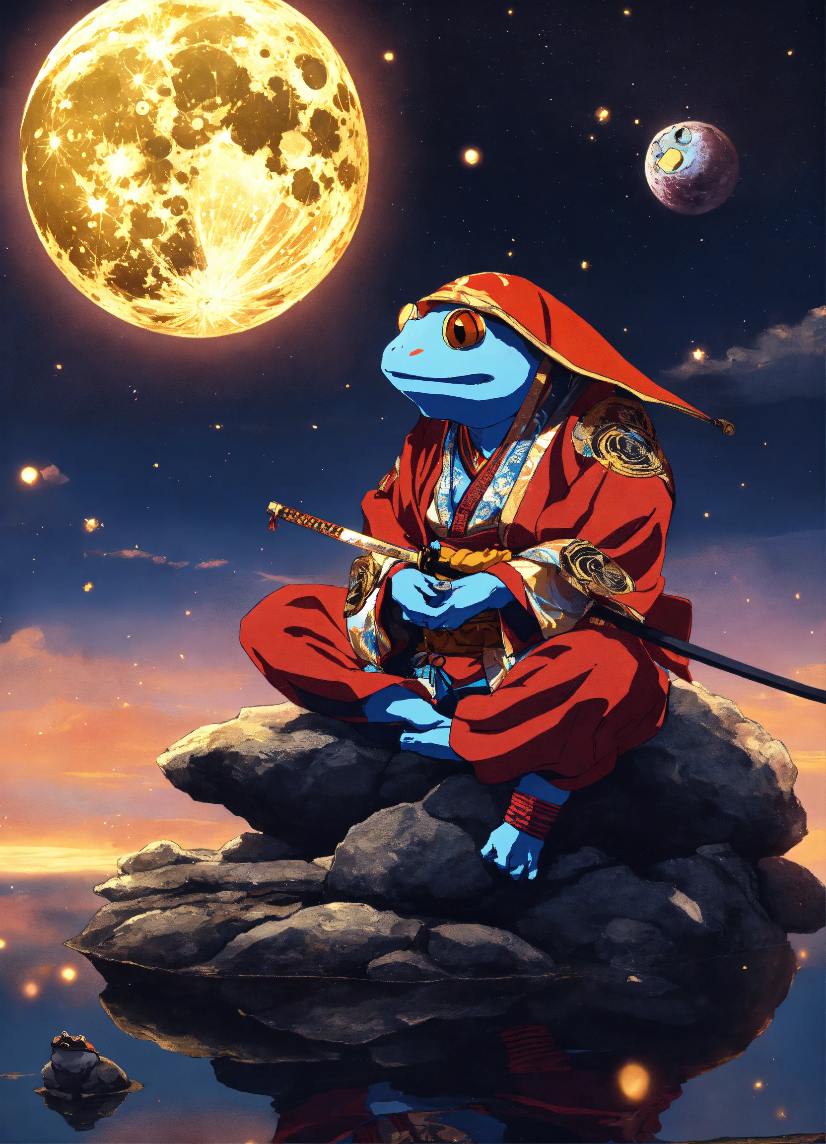 Lexica - A photograph anime moon floating with a face in meditation ...