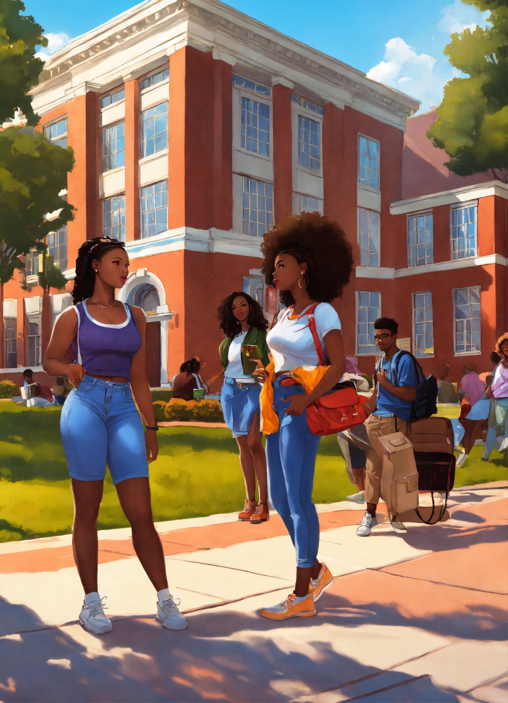Lexica - Realistic style African American HBCU college scene with students on campus doing ...