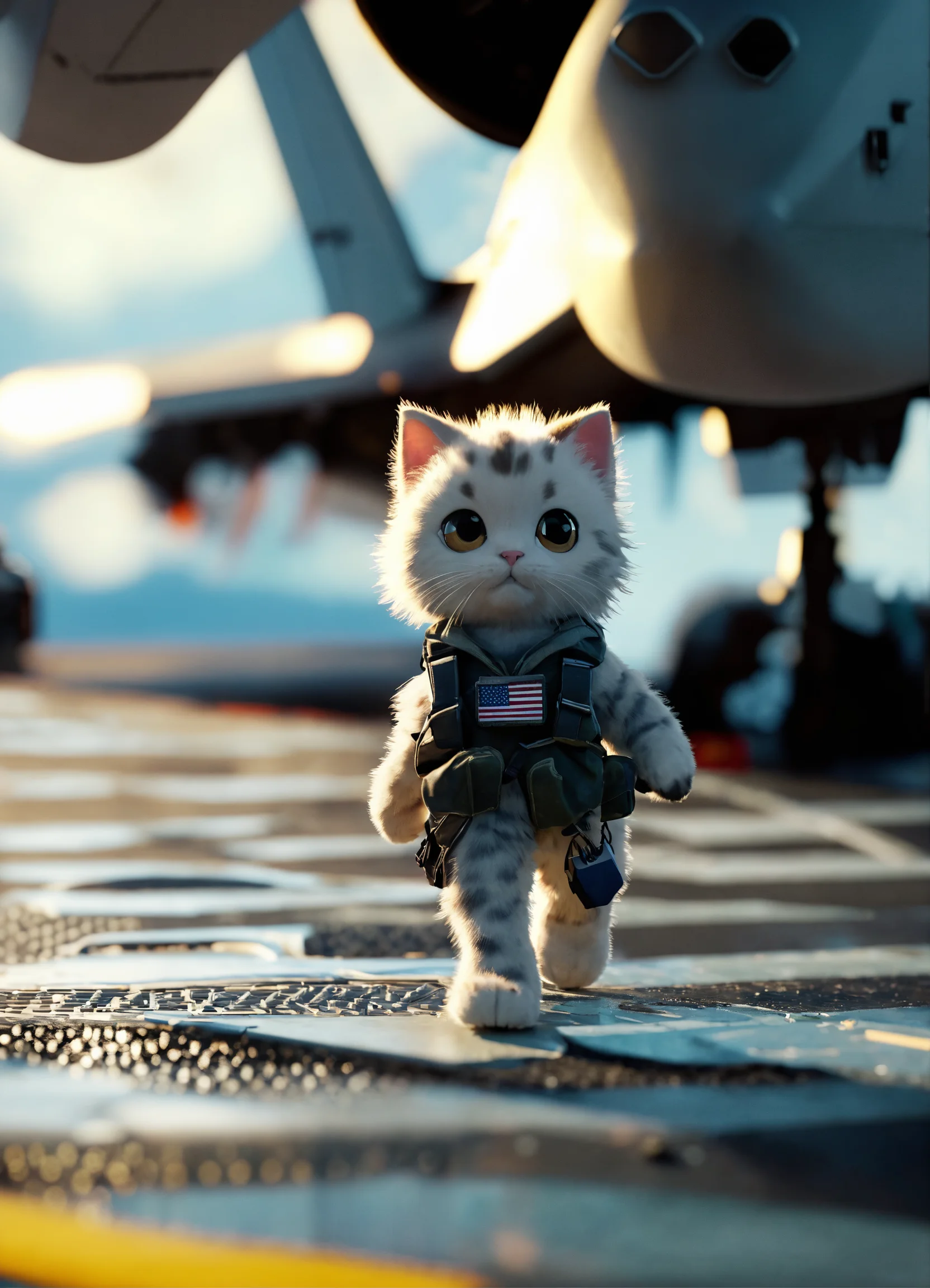 Lexica - A cute fluffy cat pilot walking on a military aircraft carrier ...
