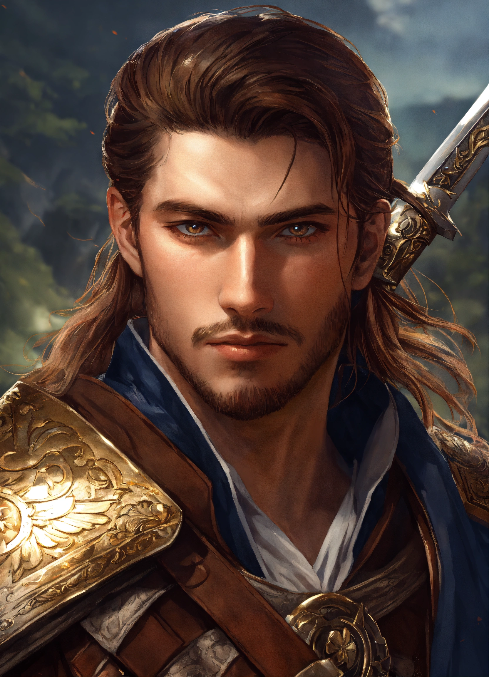 Lexica - "heroic male swordsman", brown hair, fantasy, ponytail ...