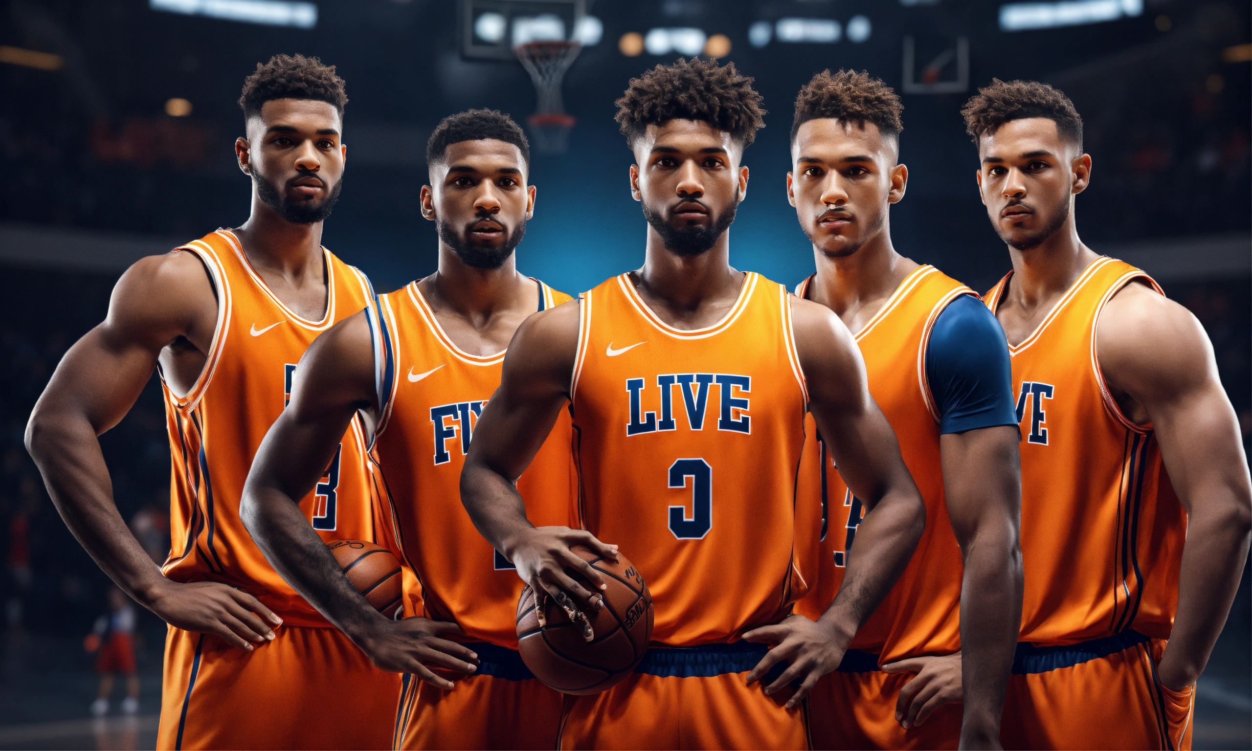 Lexica - Five players basketball team 3d players 4k facing camera