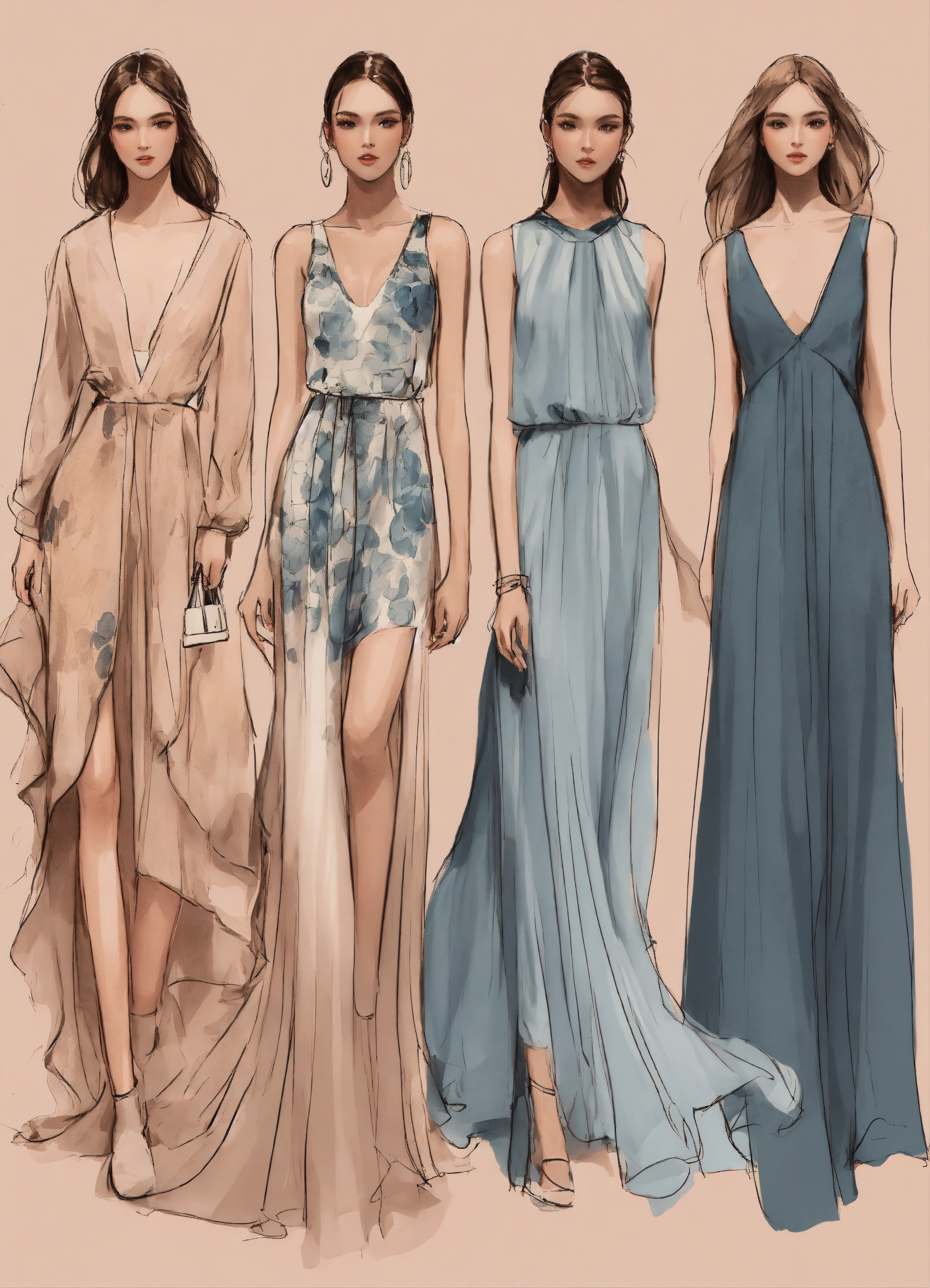 Lexica - Sketch of fashion collection with flowy dresses in a ...