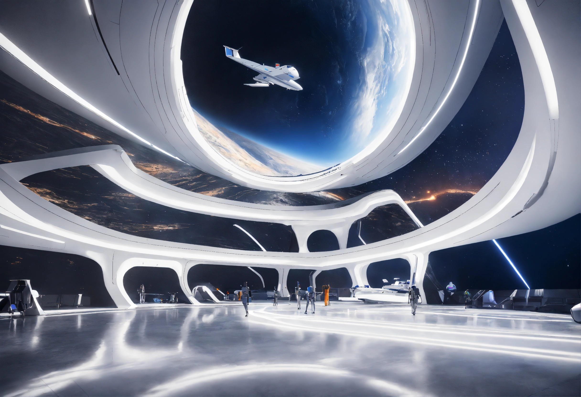 Lexica - Incredible white spaceport orbiting in space, zaha hadid ...
