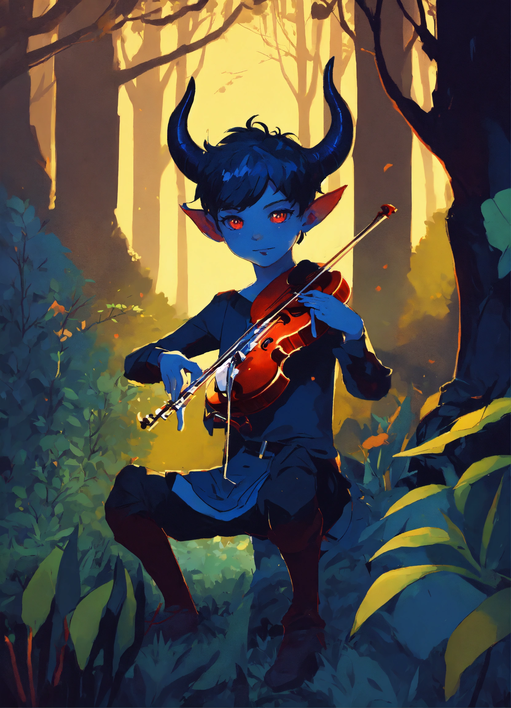 Lexica - Small demon boy with small horns , in a forest at night ...