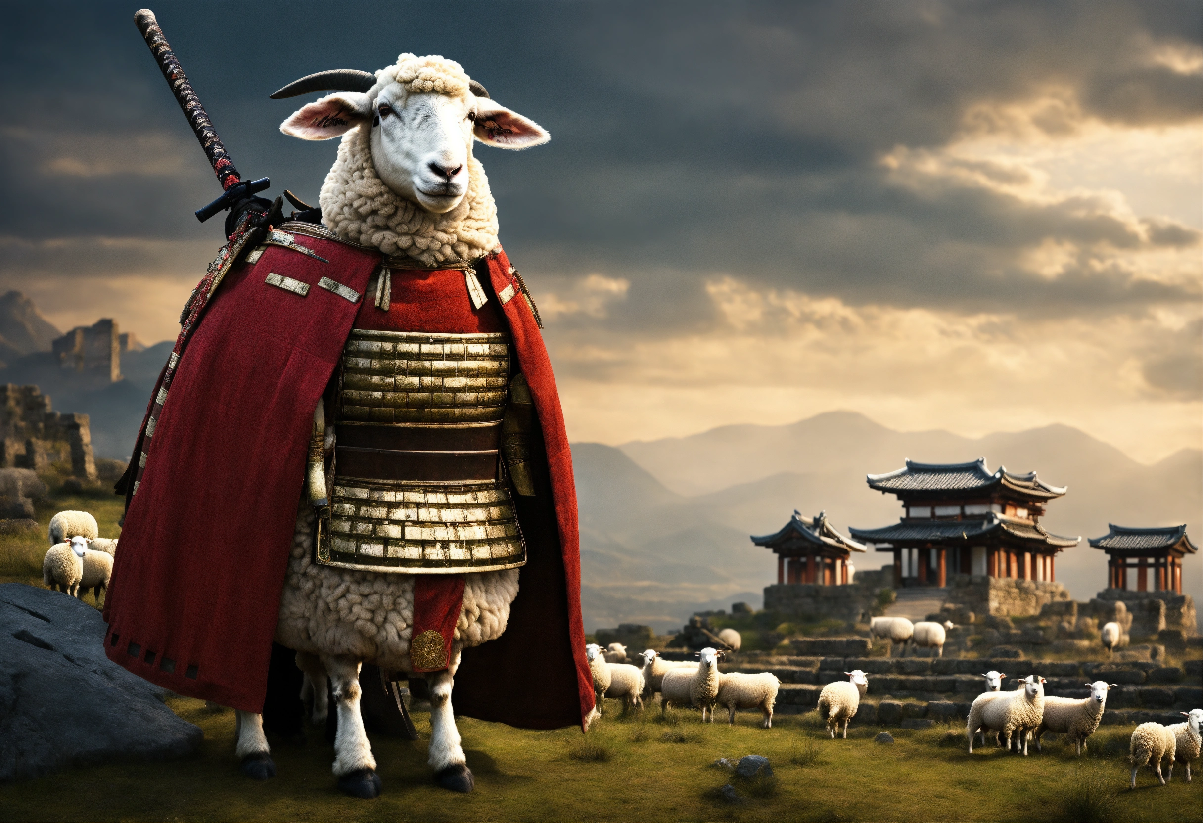 Lexica - Sheep samurai. Ancient ruins. Hyper realistic.