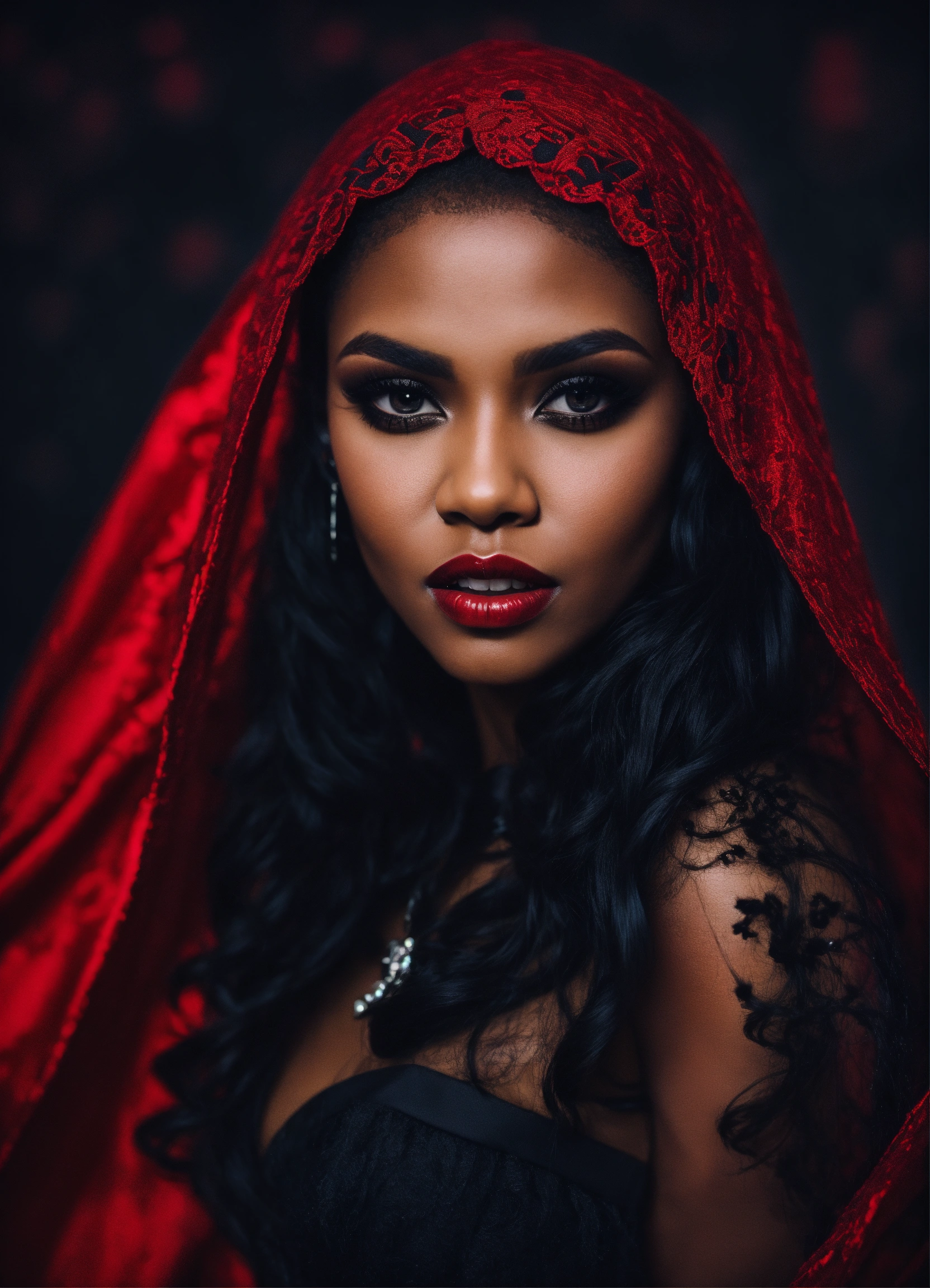 Lexica - Beautiful black vampire woman, red eyes, black dress