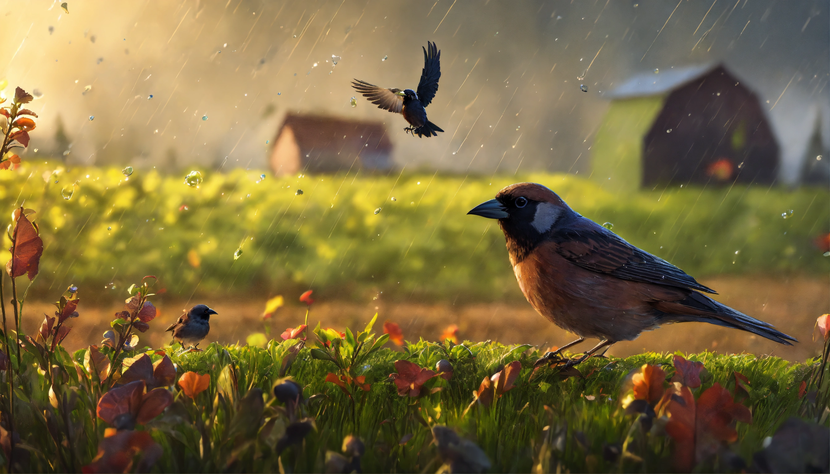 Lexica - "Depict a rainy day when the sparrow encourages the crow to ...