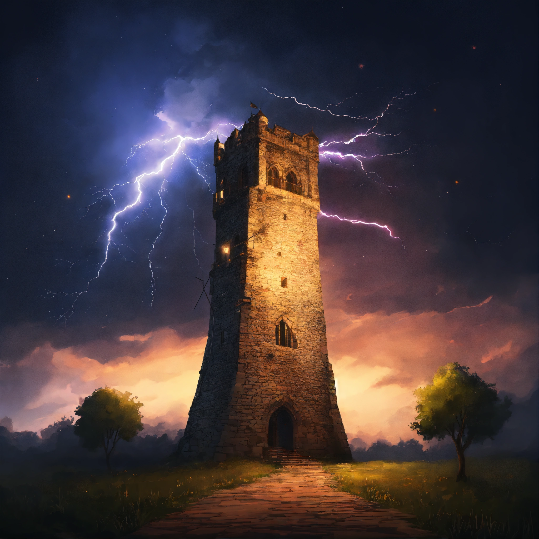 Lexica - Medieval tower struck by lightning, night sky, realistic ...