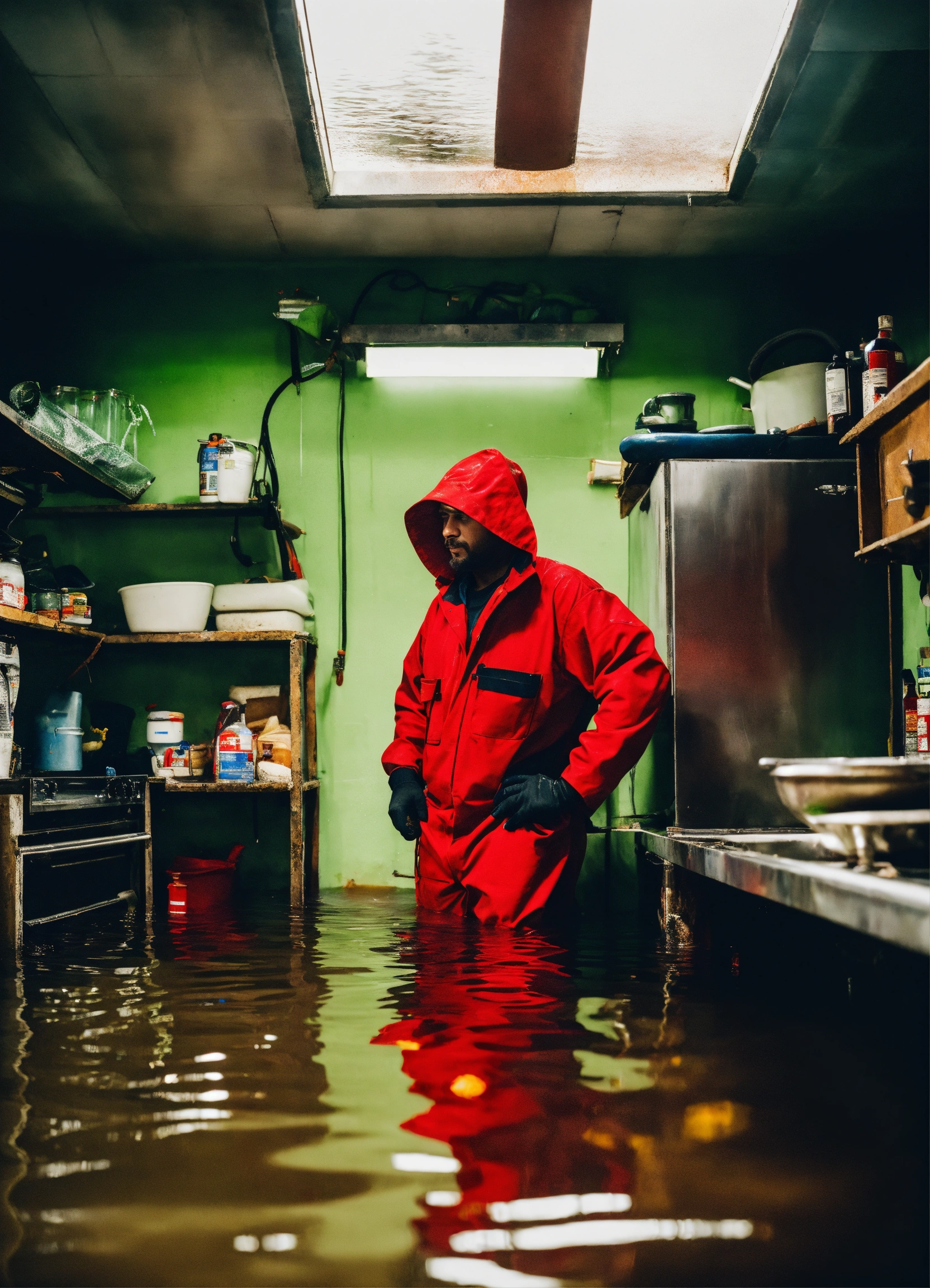 Lexica - A mechanic in a red outfit stands inside a flooded kitchen
