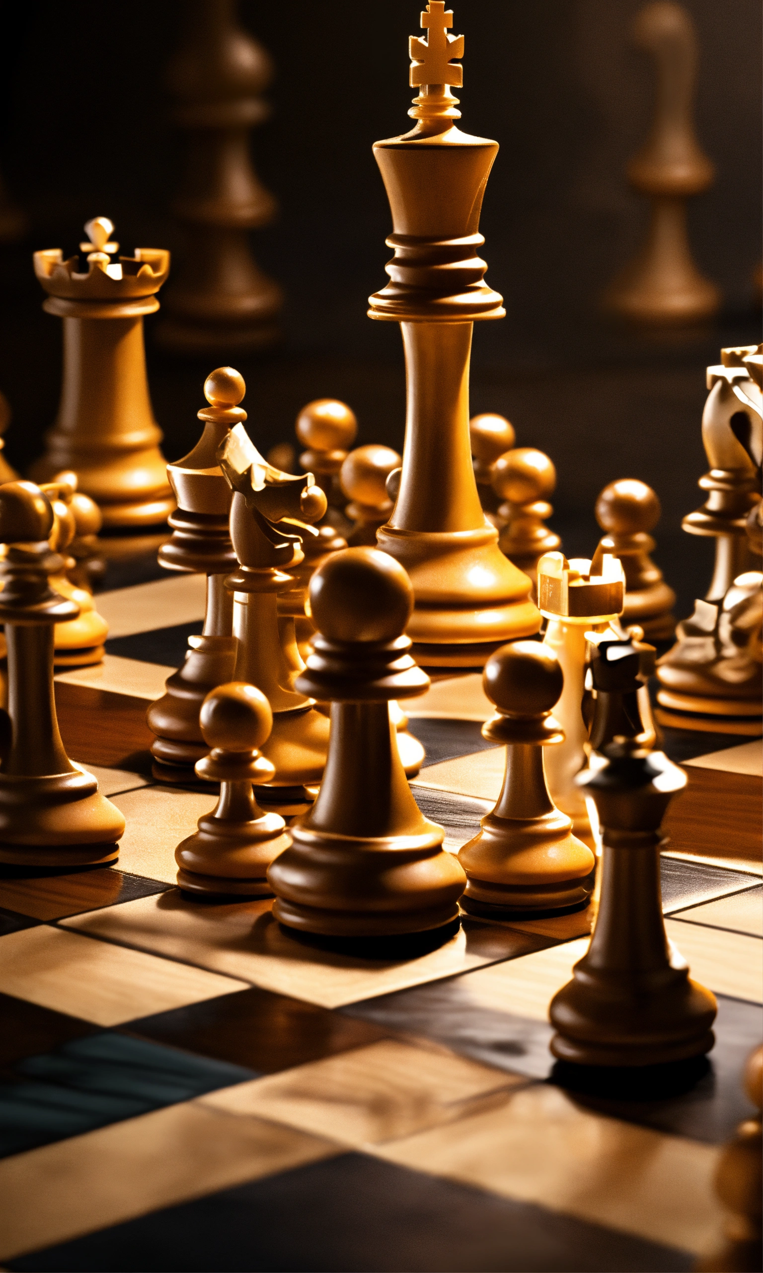 Lexica - A front view of a chess game with with lots of pawns and 3 ...