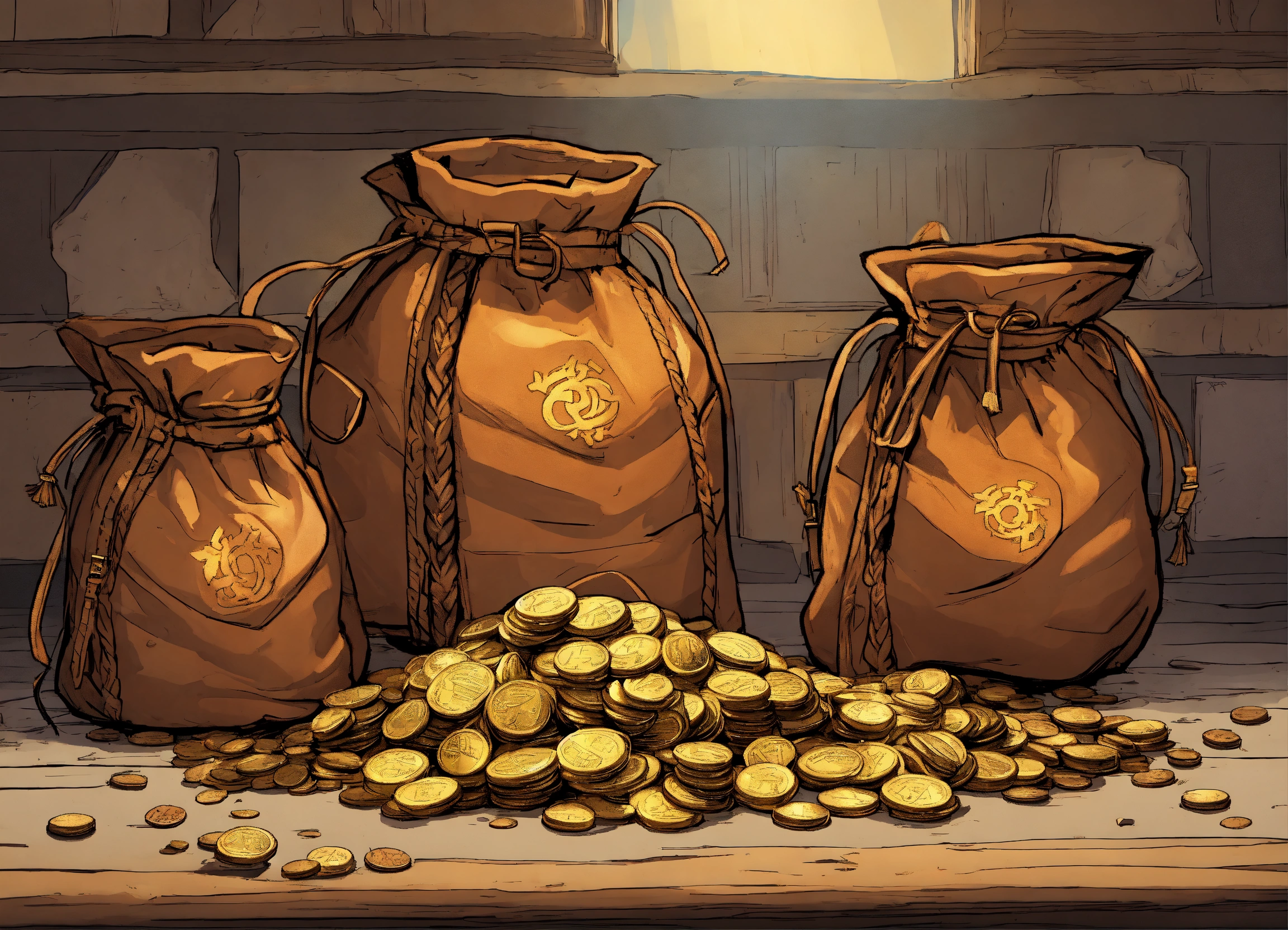 Lexica - Leather sacks of coins, in graphic novel art form