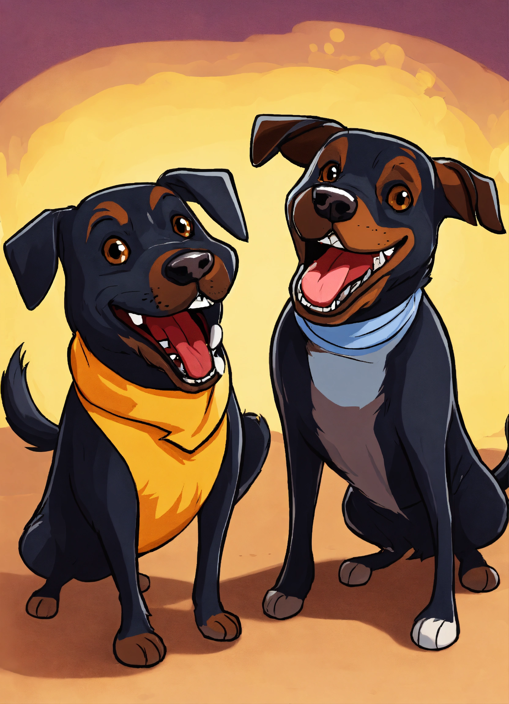 Lexica - A couple black brown dog showing his teeth dancing cartoon