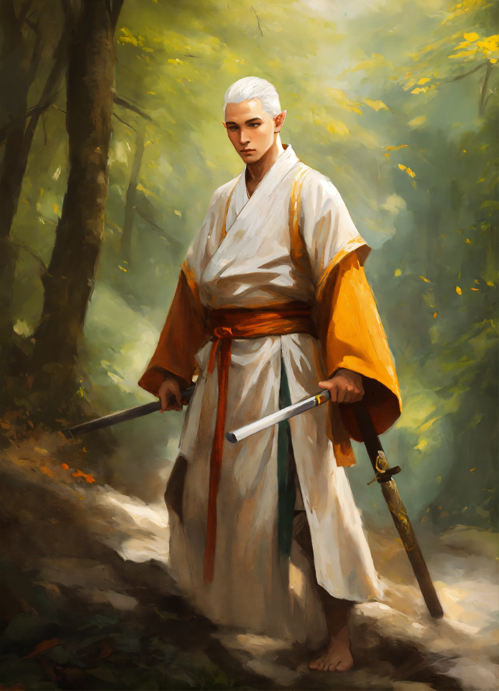 Lexica - White haired elf monk in martial artist robes with Stalf in a ...
