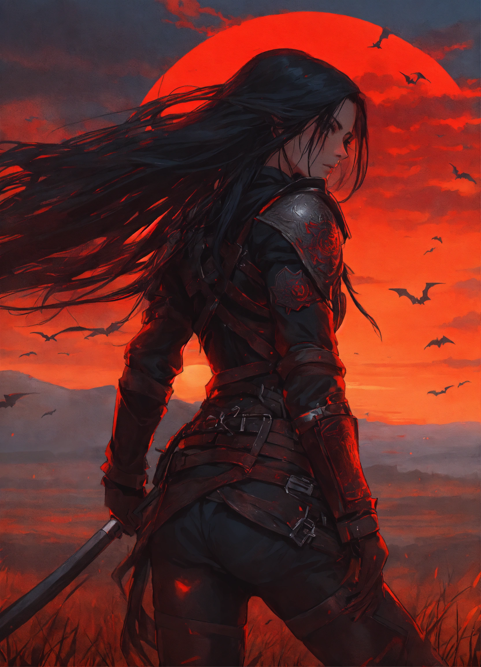 Lexica - View of an assassin woman, looks over her shoulder, black long ...