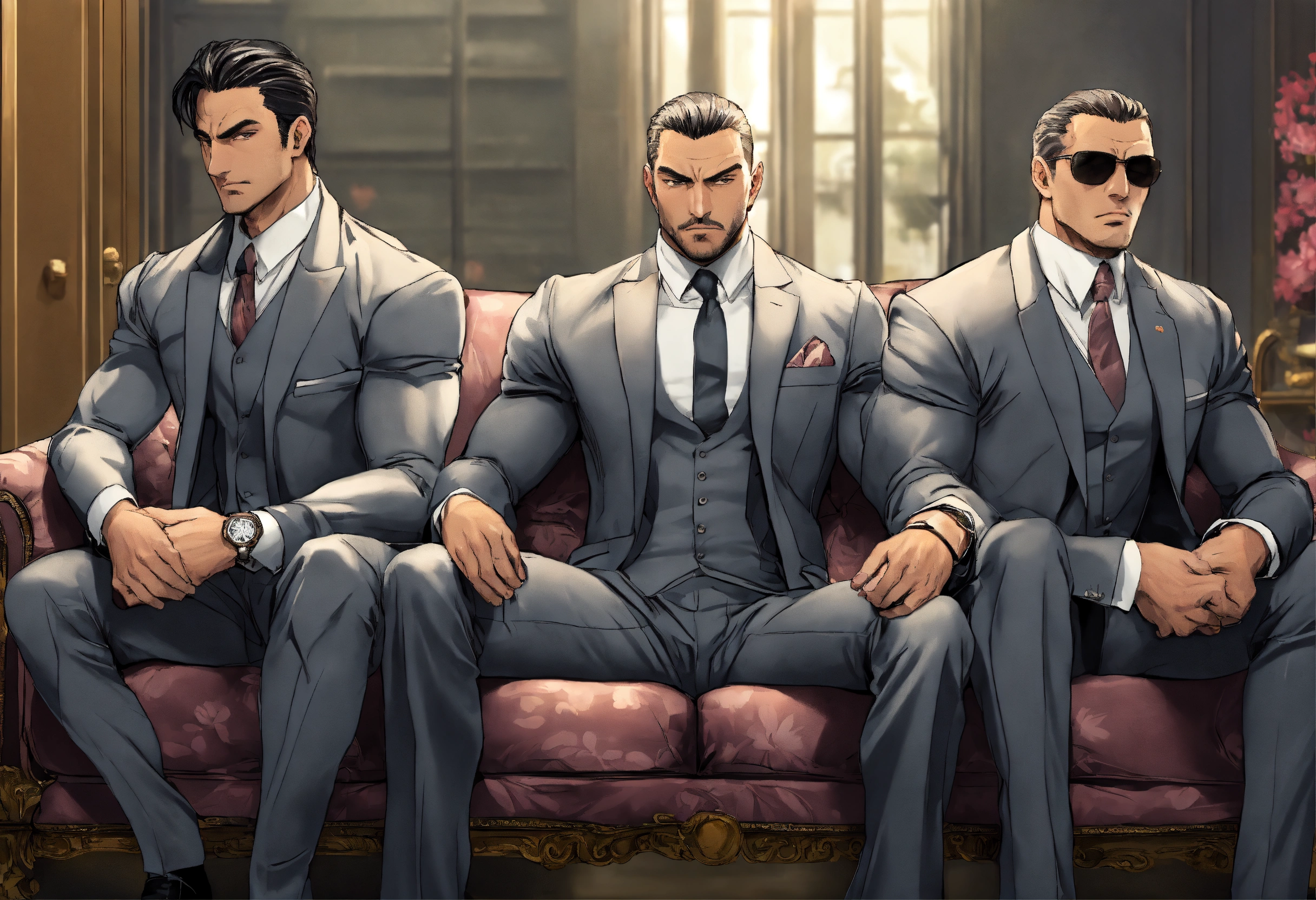 Lexica - Three muscled mafiosi in grey vested suit, seating in a couch ...