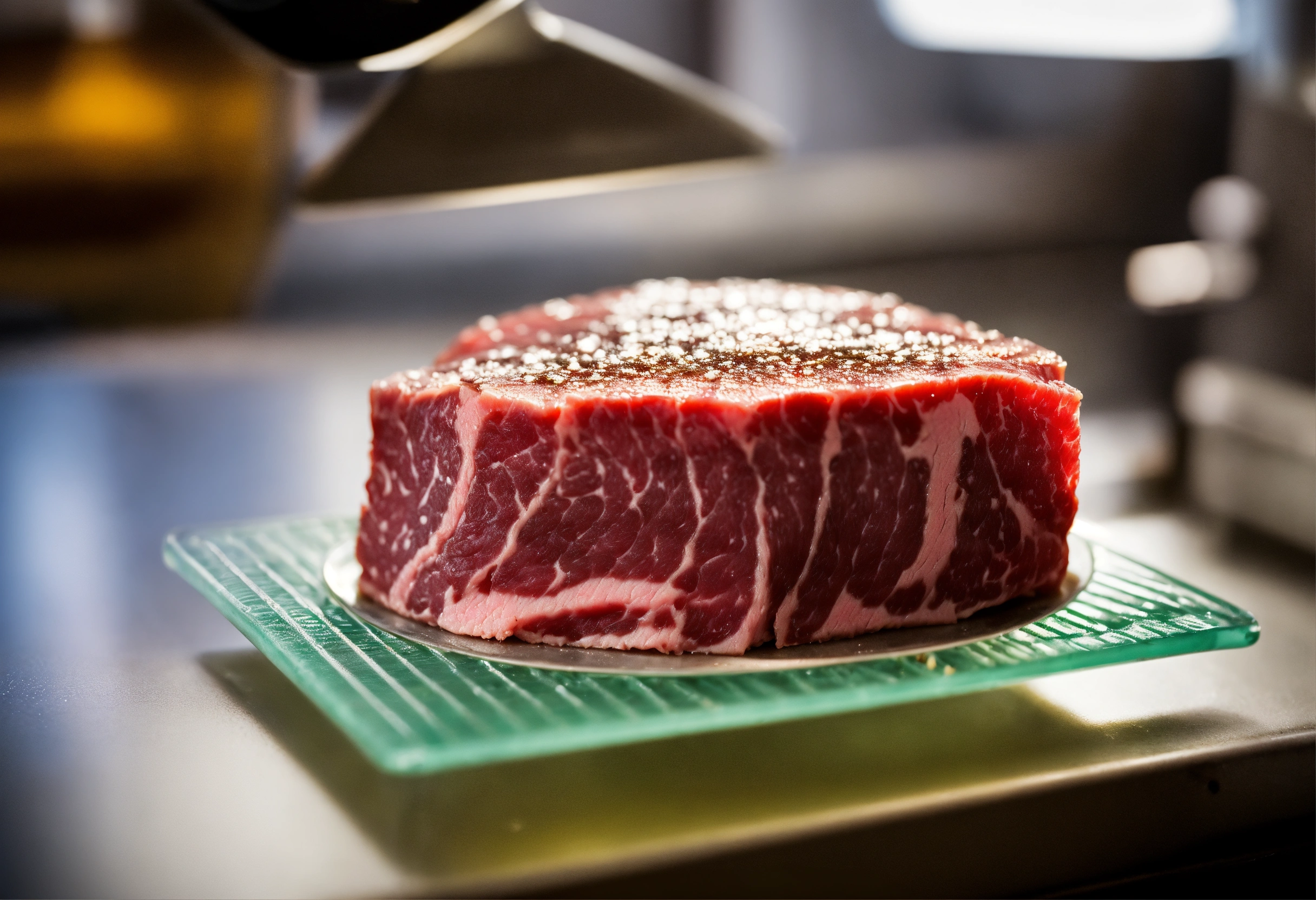 Lexica - Miature piece of raw steak sample in a petri dish on a ...