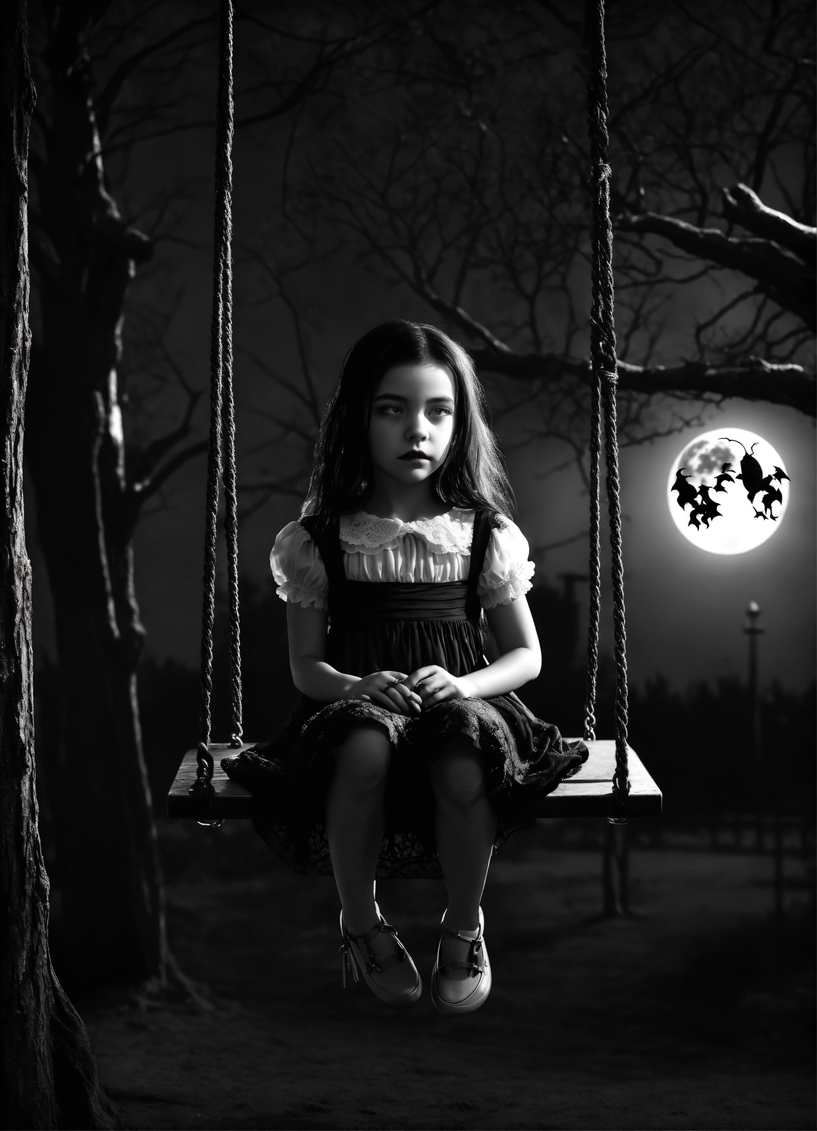 Lexica - Photorealistic, black and white, deep night, dark playground ...