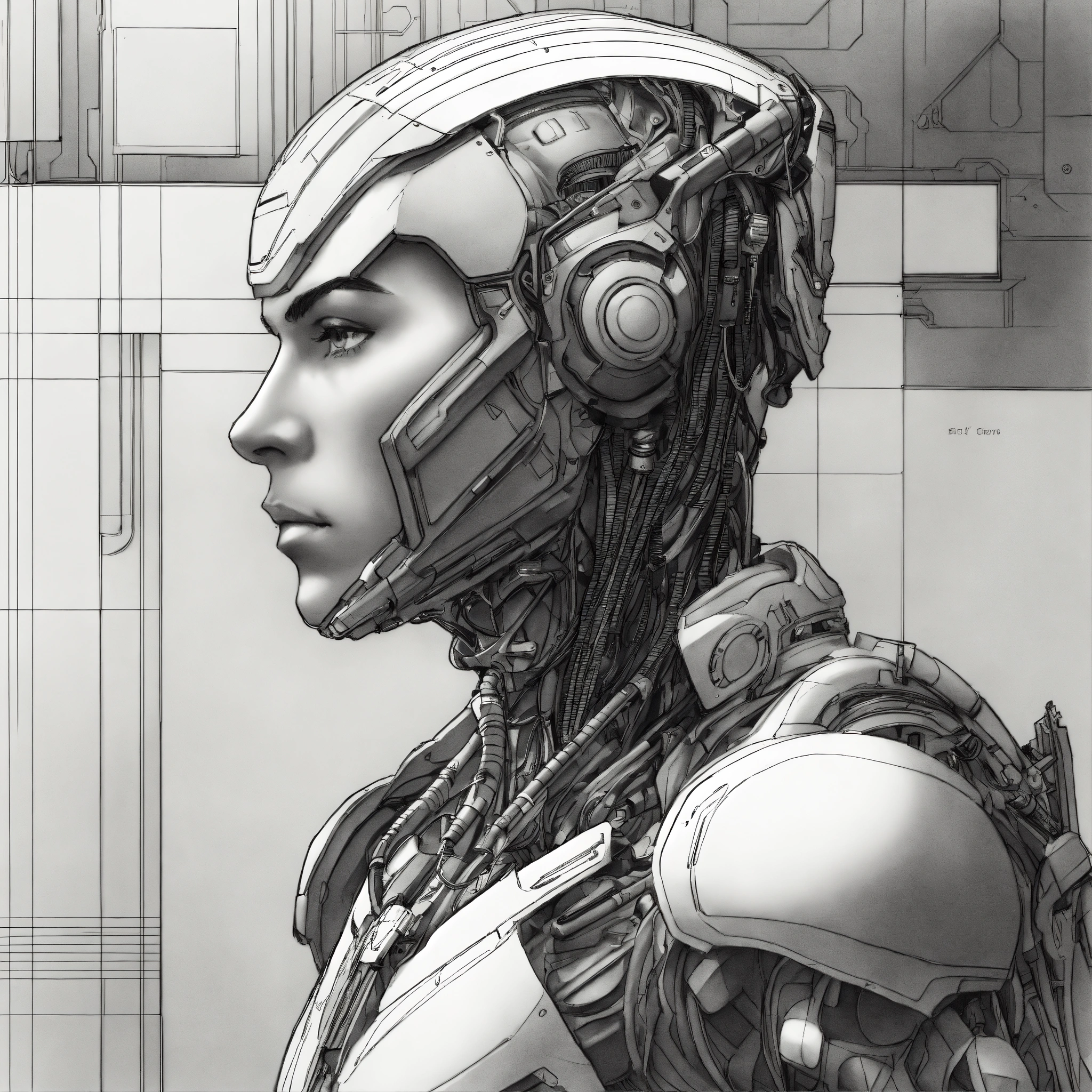 Lexica - Line drawing, enchanted male cyborg, close up face, straight ...